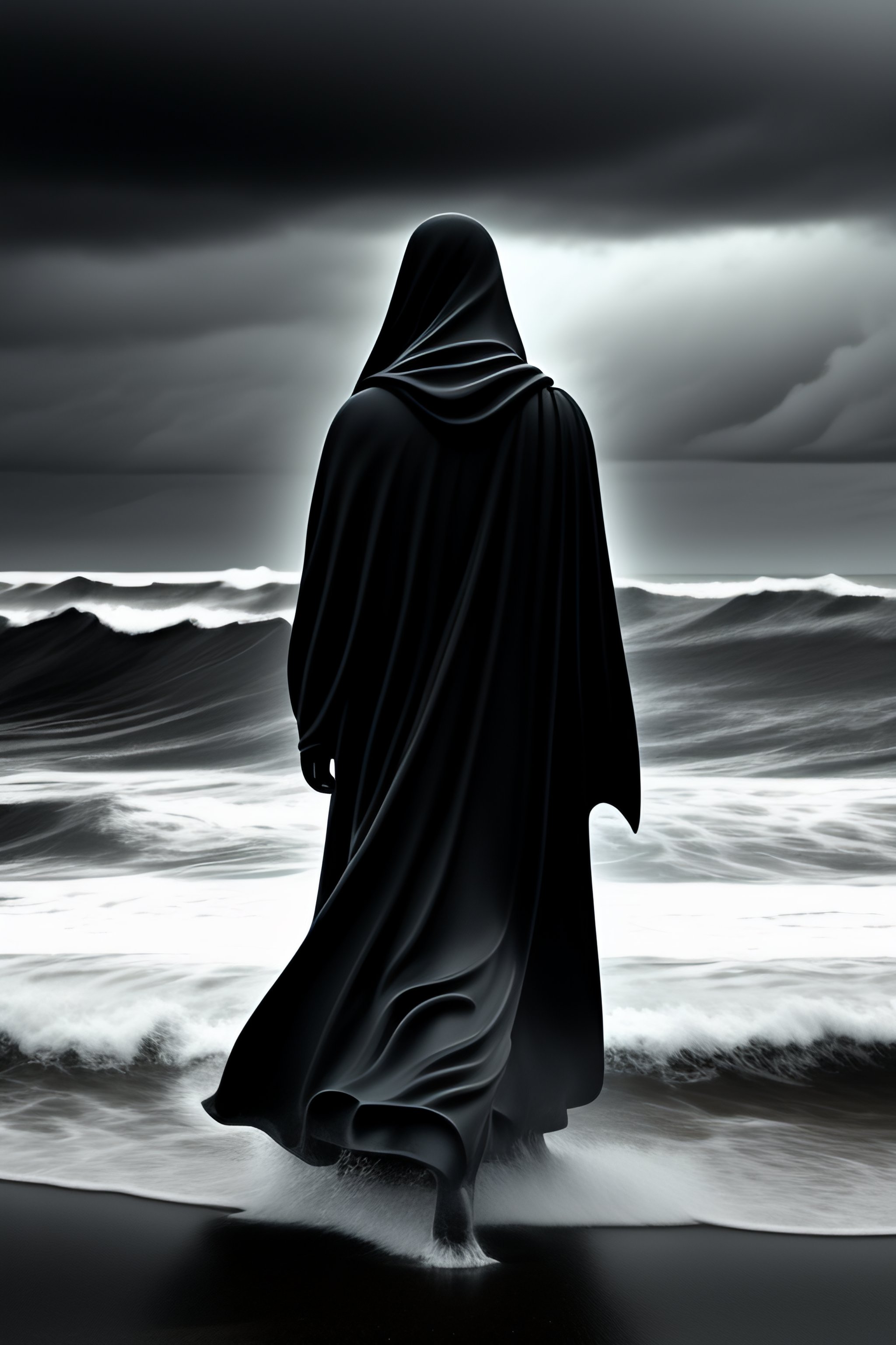 Lexica - Small figure of a grim reaper walking along a stormy beach ...