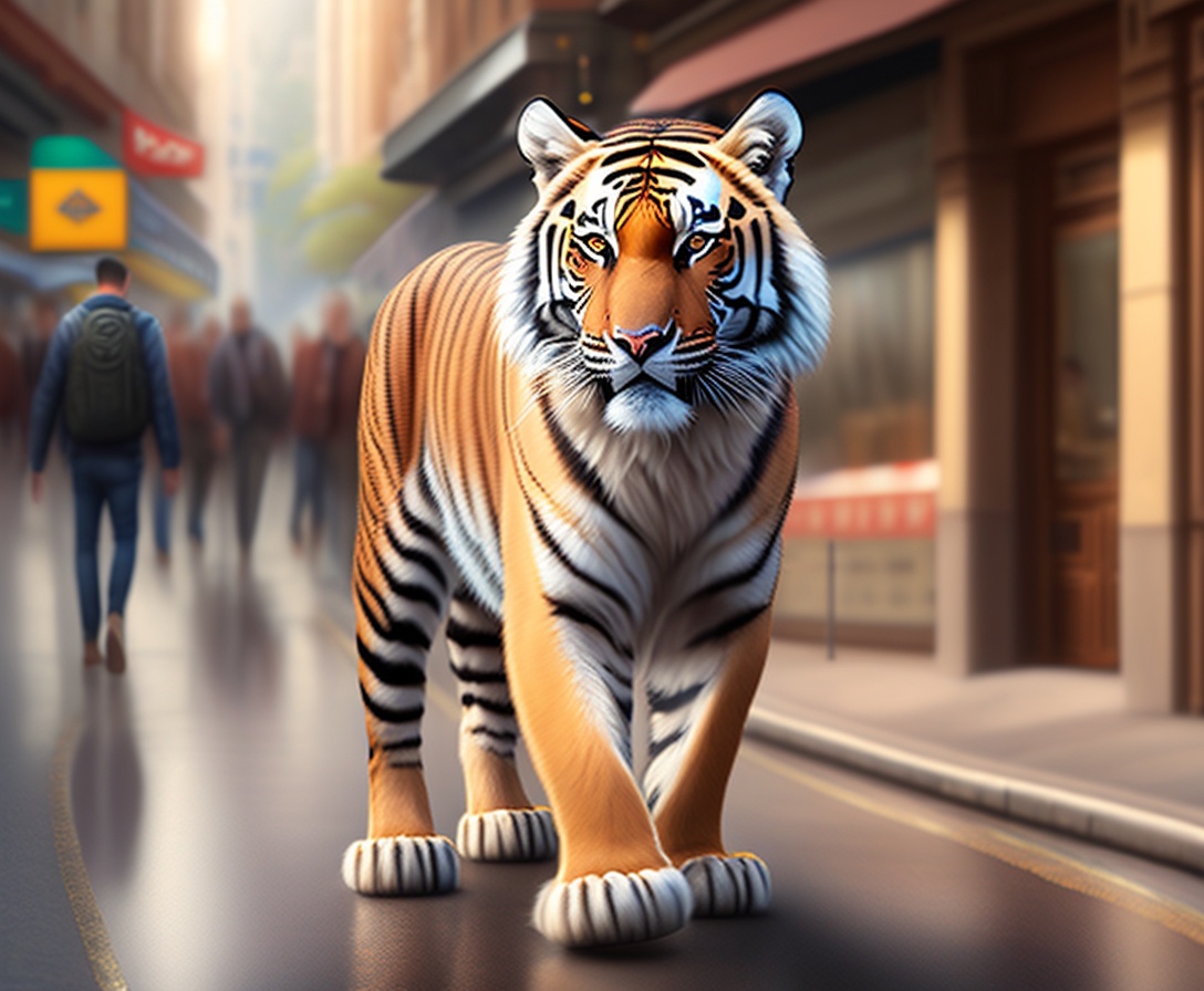 Lexica - A tiger is on busy street walking on public, 4k, hyper realistic