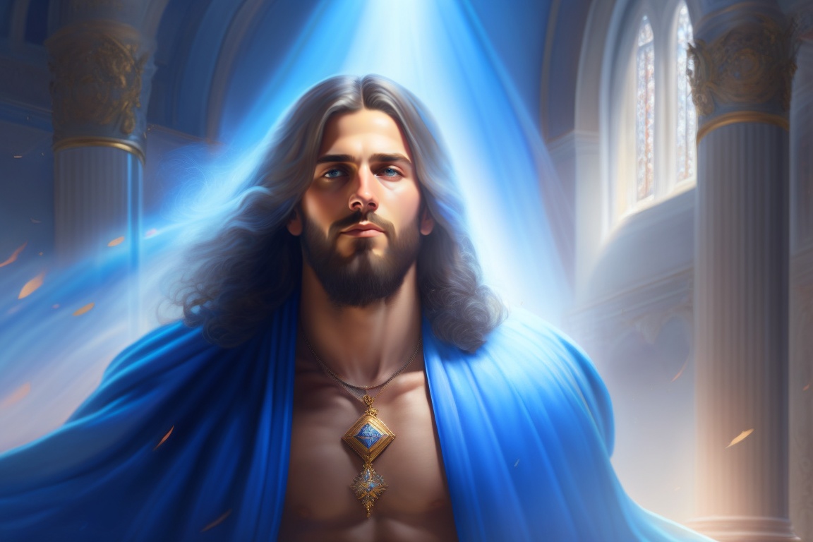 Lexica - Hyperrealistic painting of Jesus in a blue robe, with rays of ...