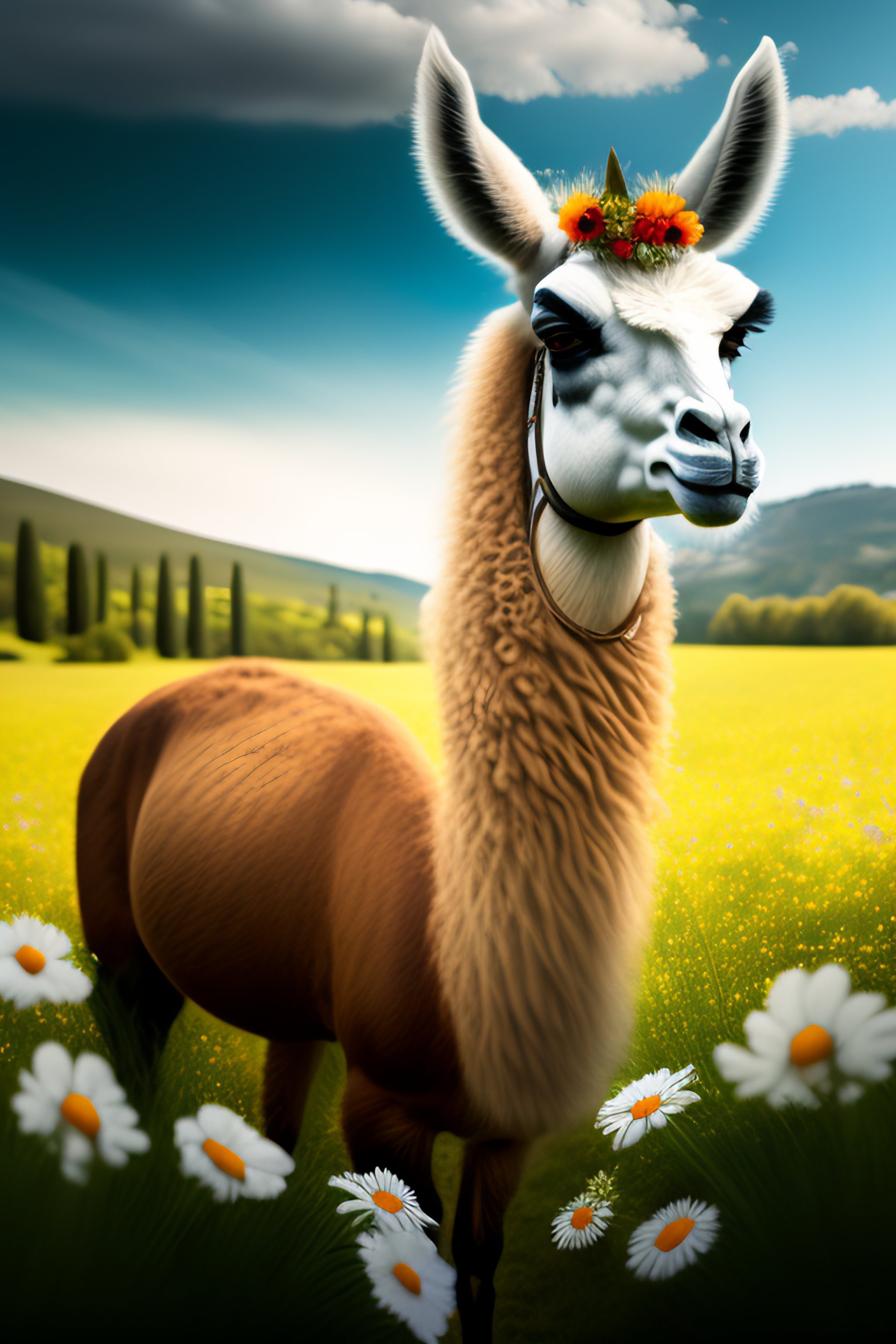 Lexica - Lady with llamas italian in a meadow with daisies