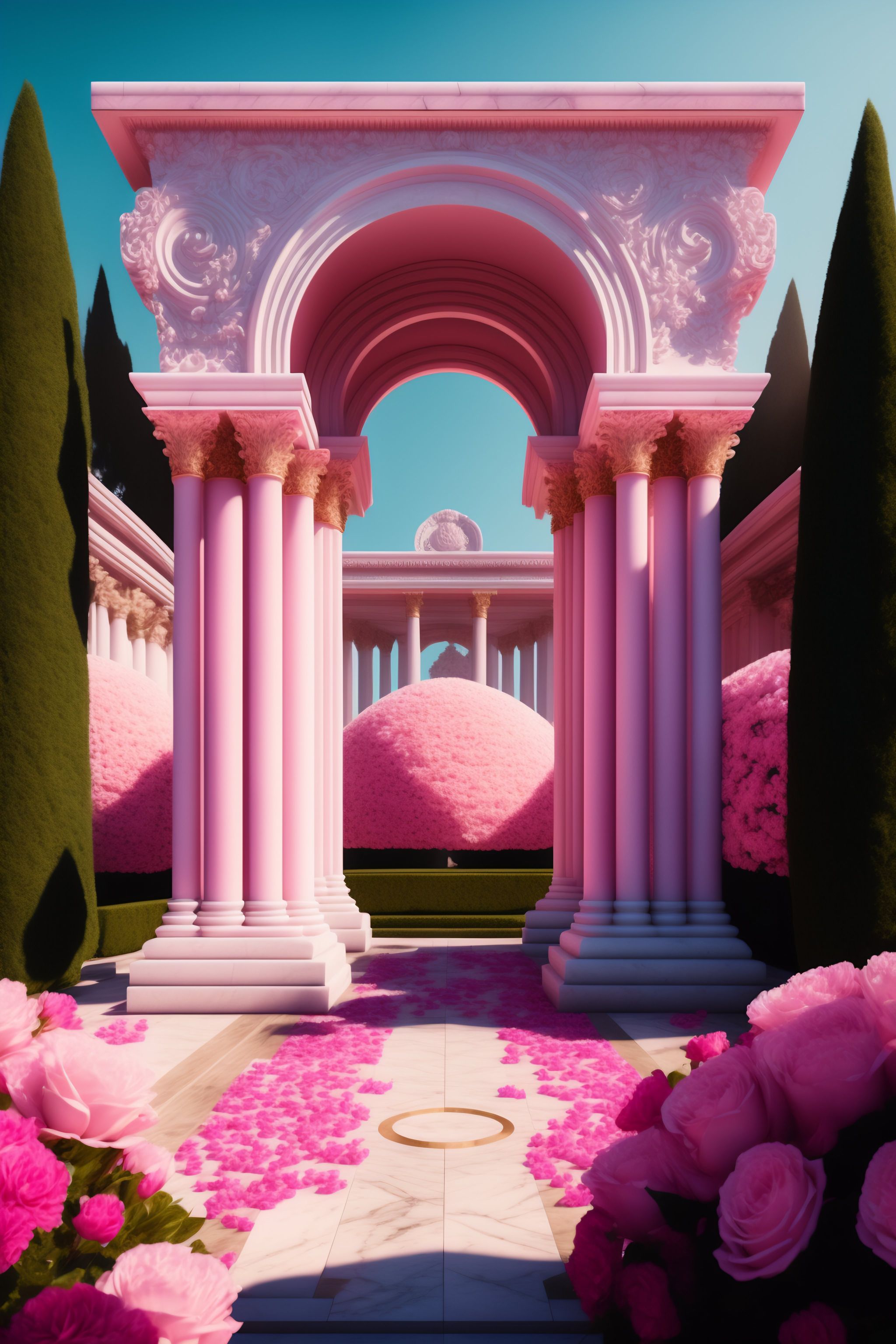 Lexica - A rich rose garden with arches and round white gold marble ...