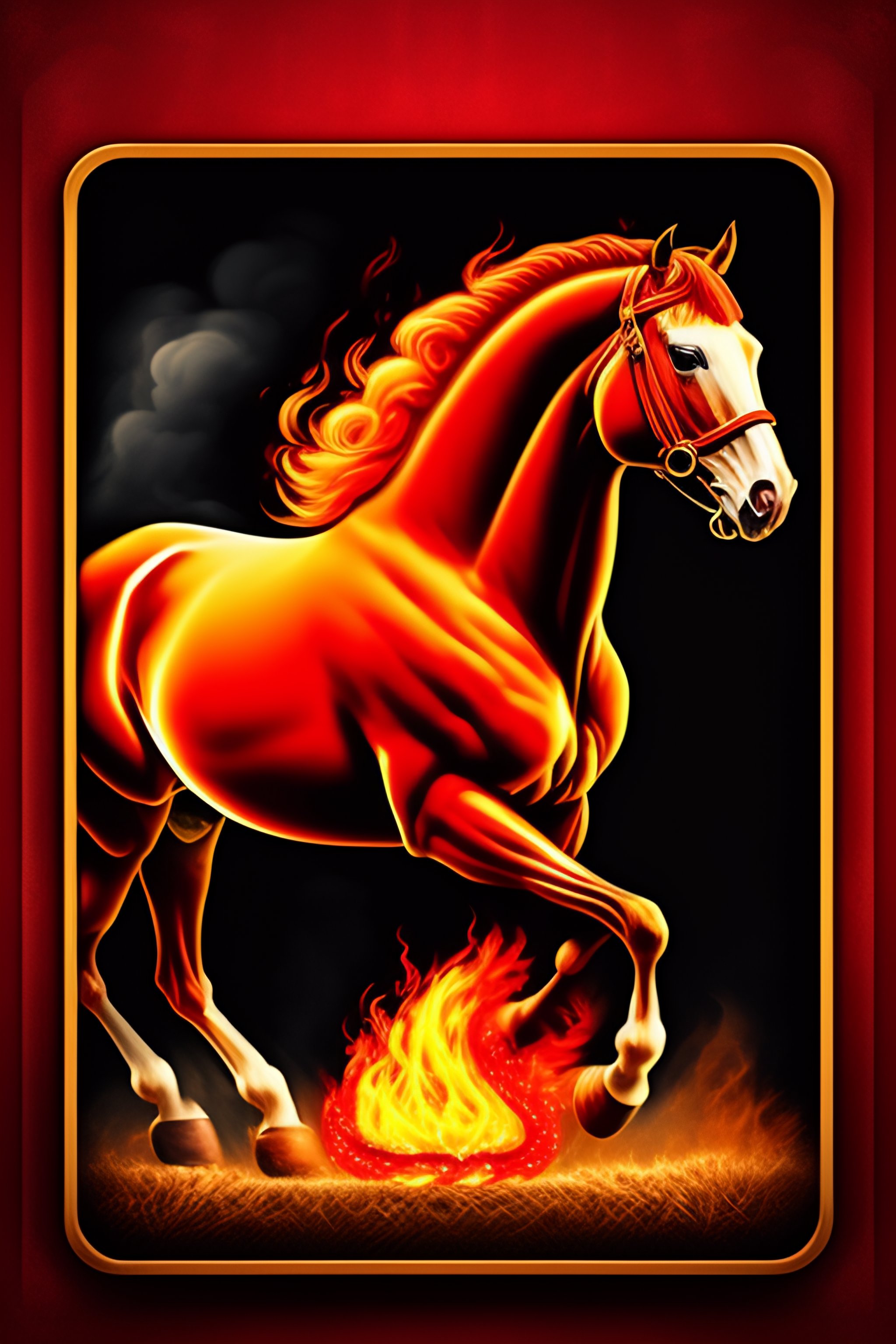 Lexica - Game card, Red Horse with fire, old style frame, modern ...