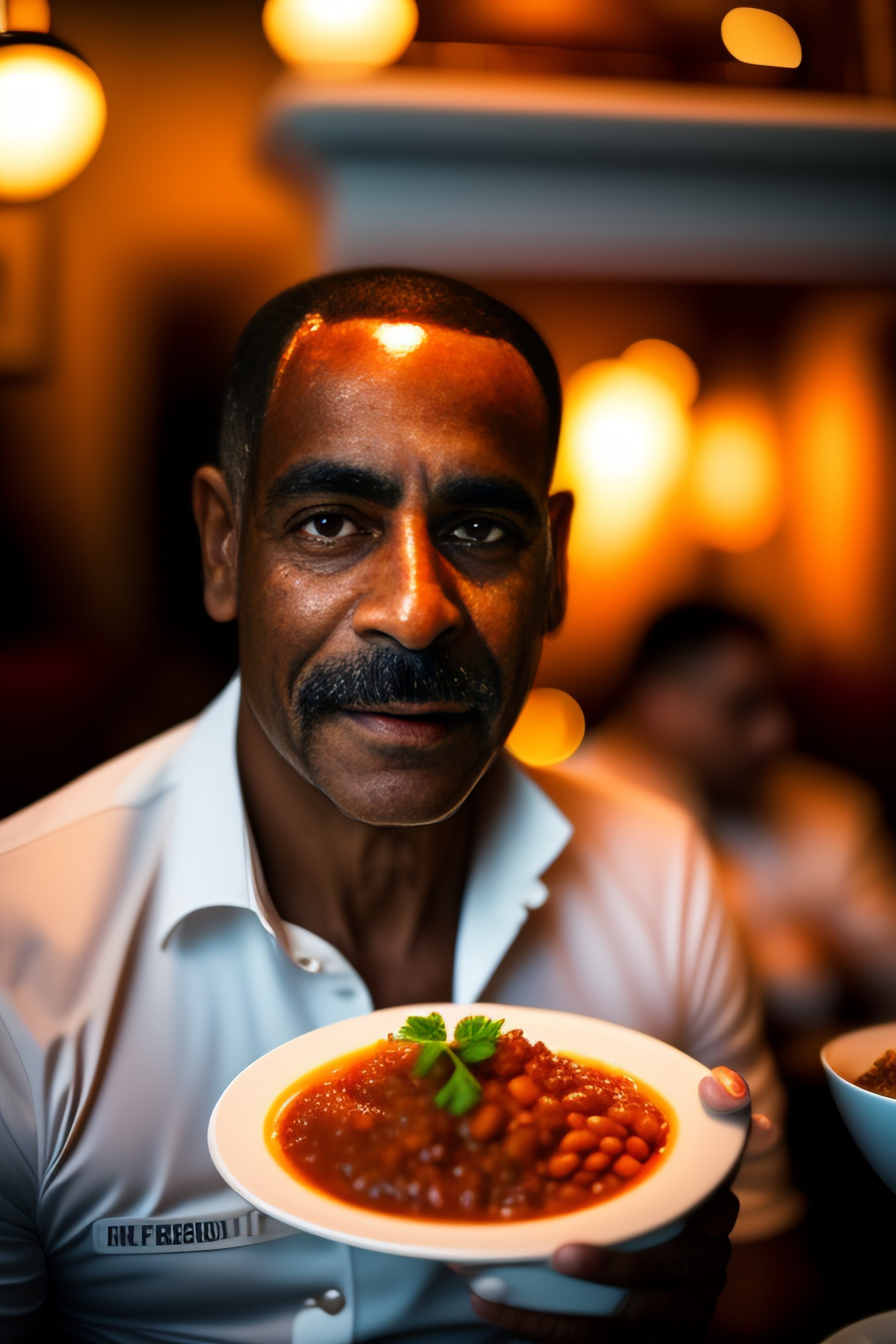 Lexica - A man from Cuba in an 5 star Italian restaurant eating Baked beans