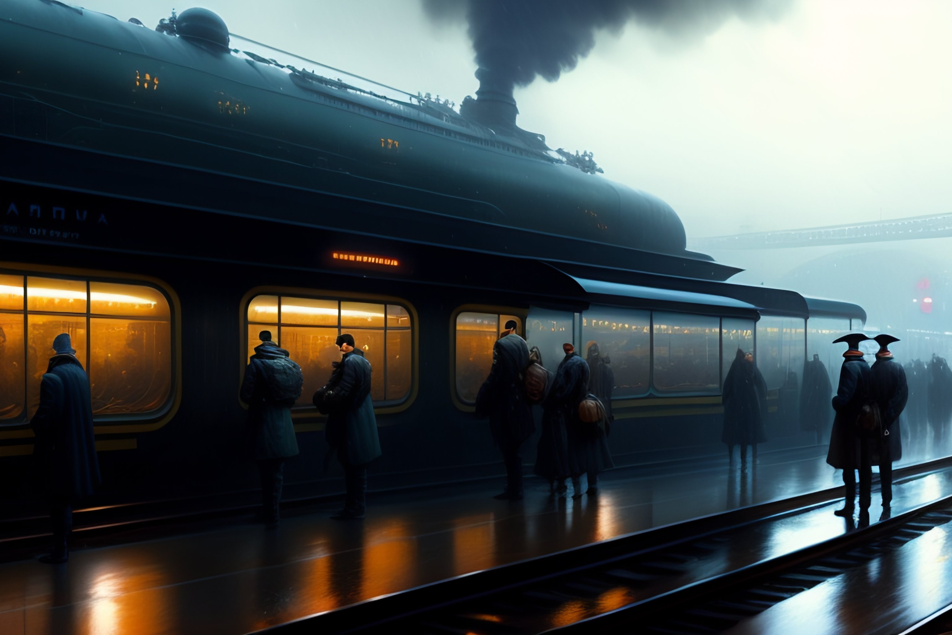 Lexica - Futuristic steampunk Duisburg rail station rainy weather ...