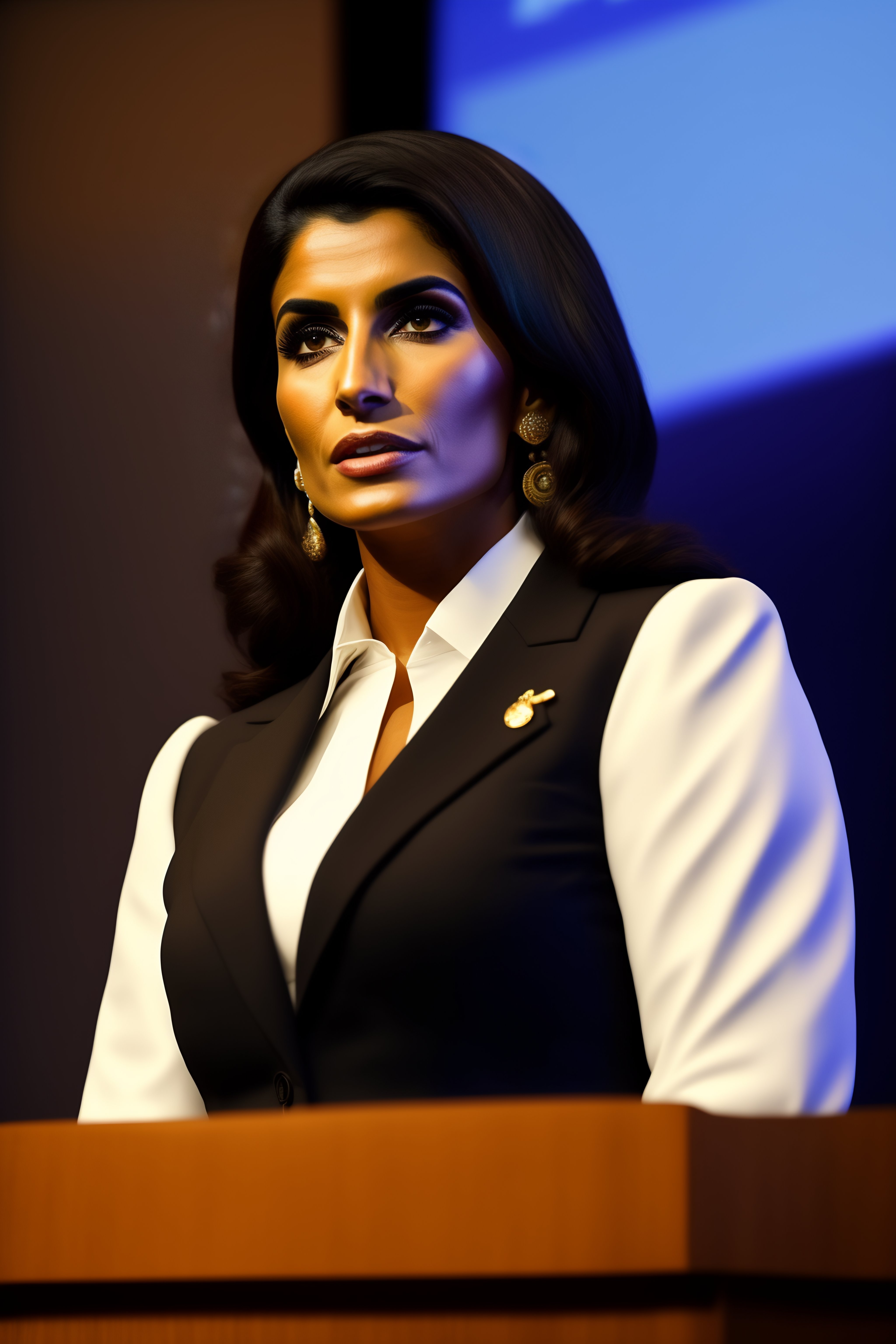 Lexica - Serious looking, dark-skinned Iranian woman wearing a smart ...