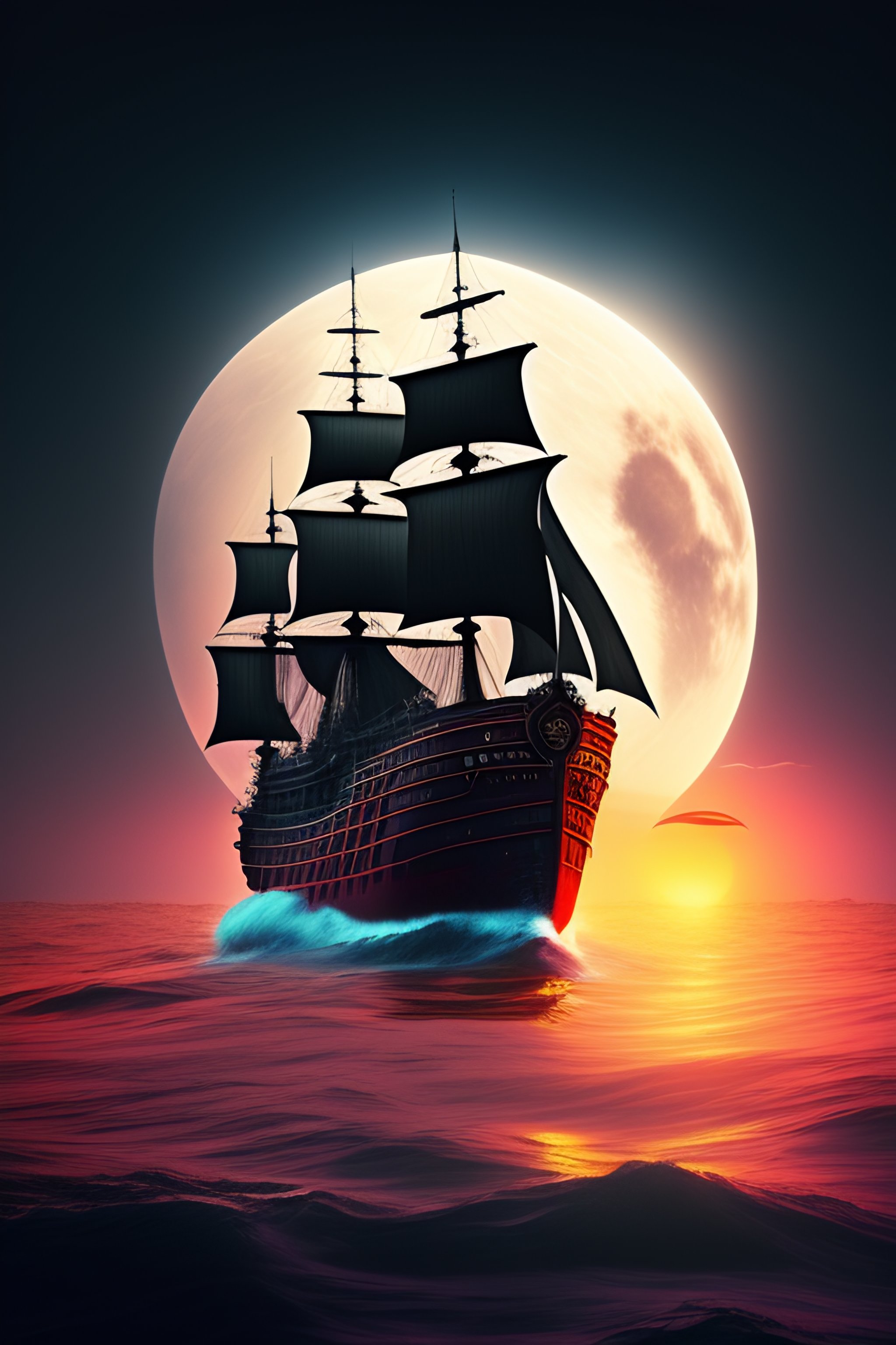 Lexica - Ghost ship on a rough, black sea with a red sun and an almost ...