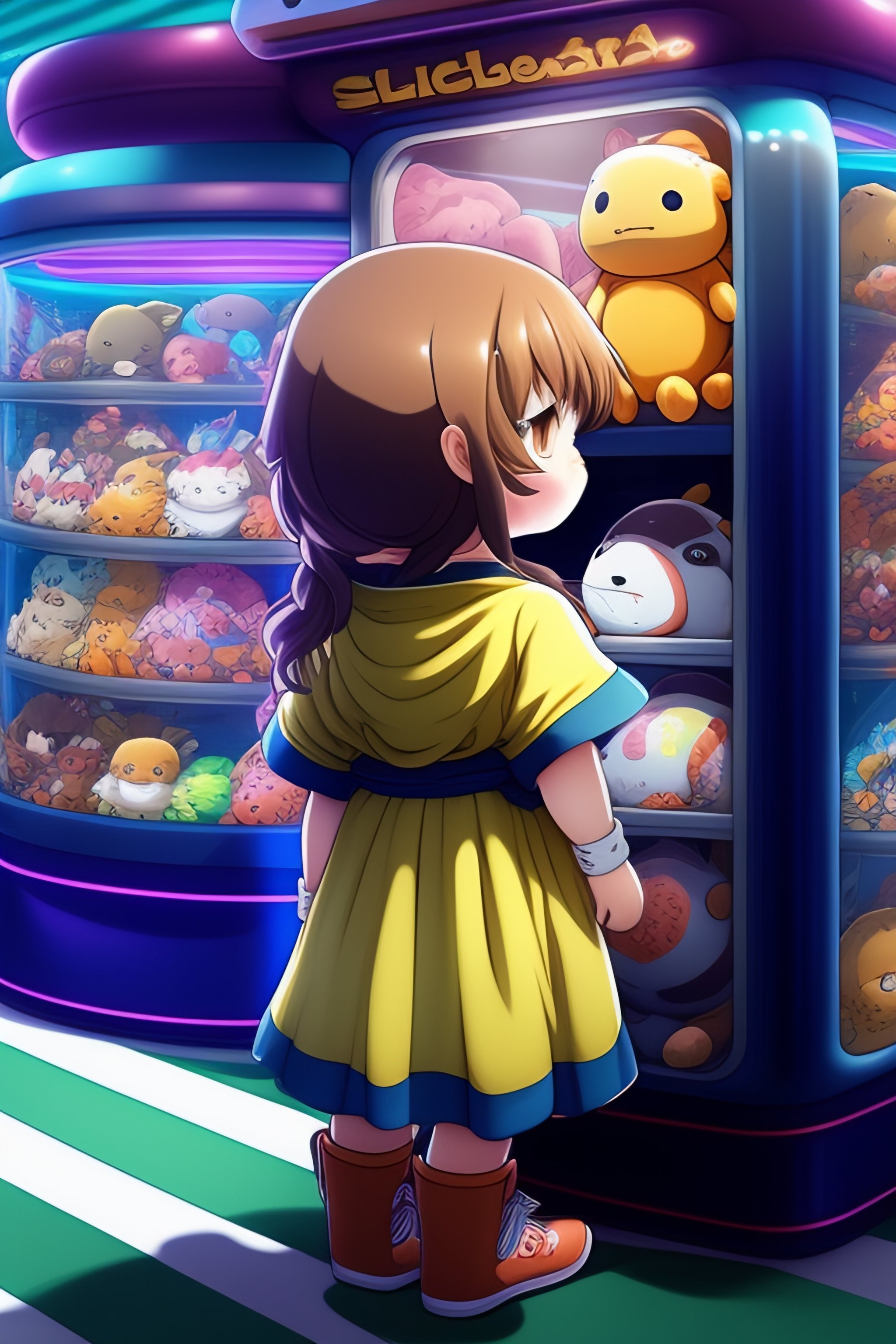 Lexica - Little girl in Sloth costume standing in front of claw machine ...