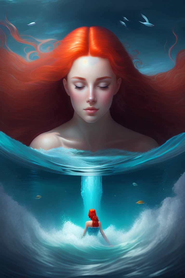 Lexica - Female god of water, red hair, sitting down in the ocean ...