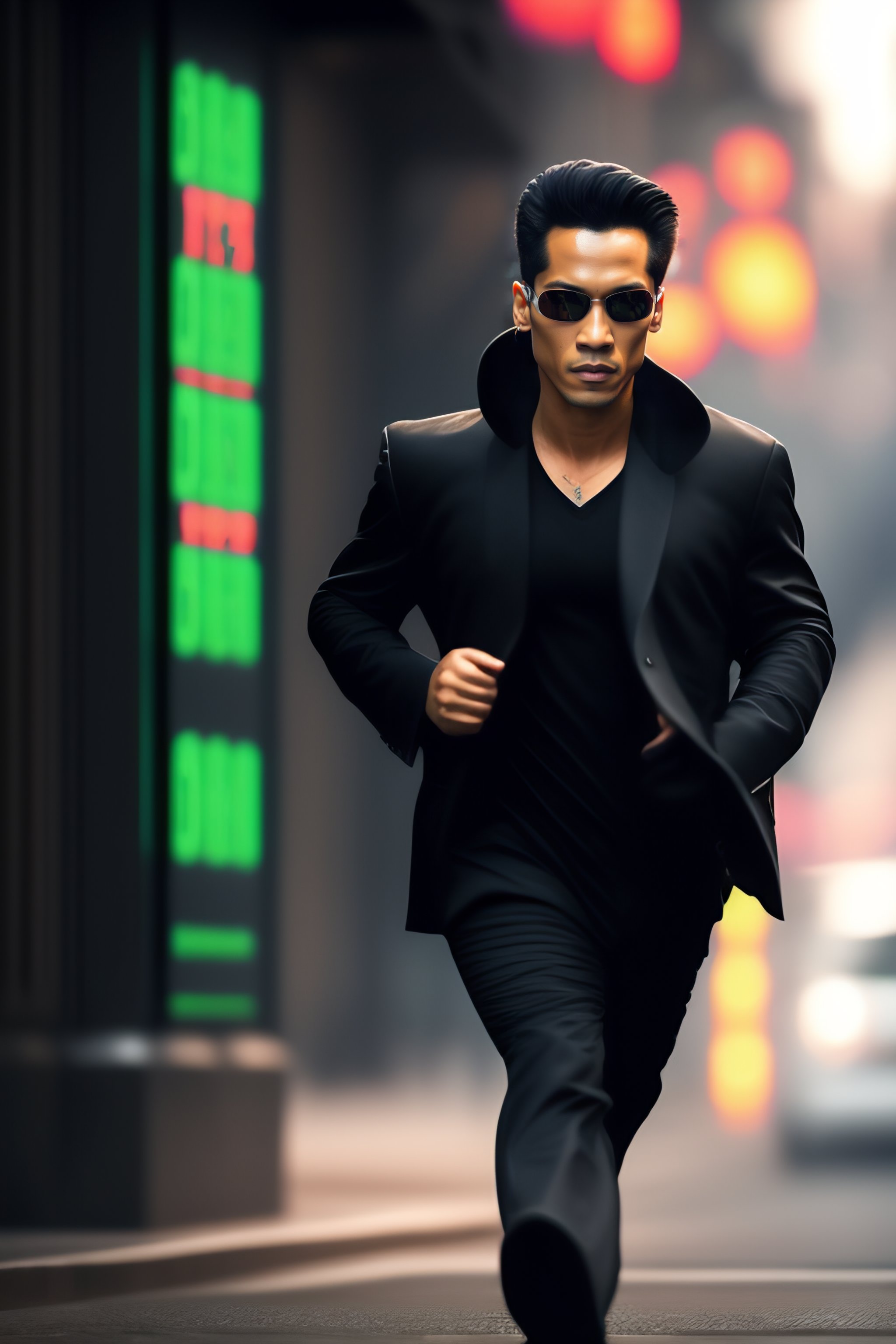 Lexica - Neo in the Matrix running from agents holding a big bitcoin