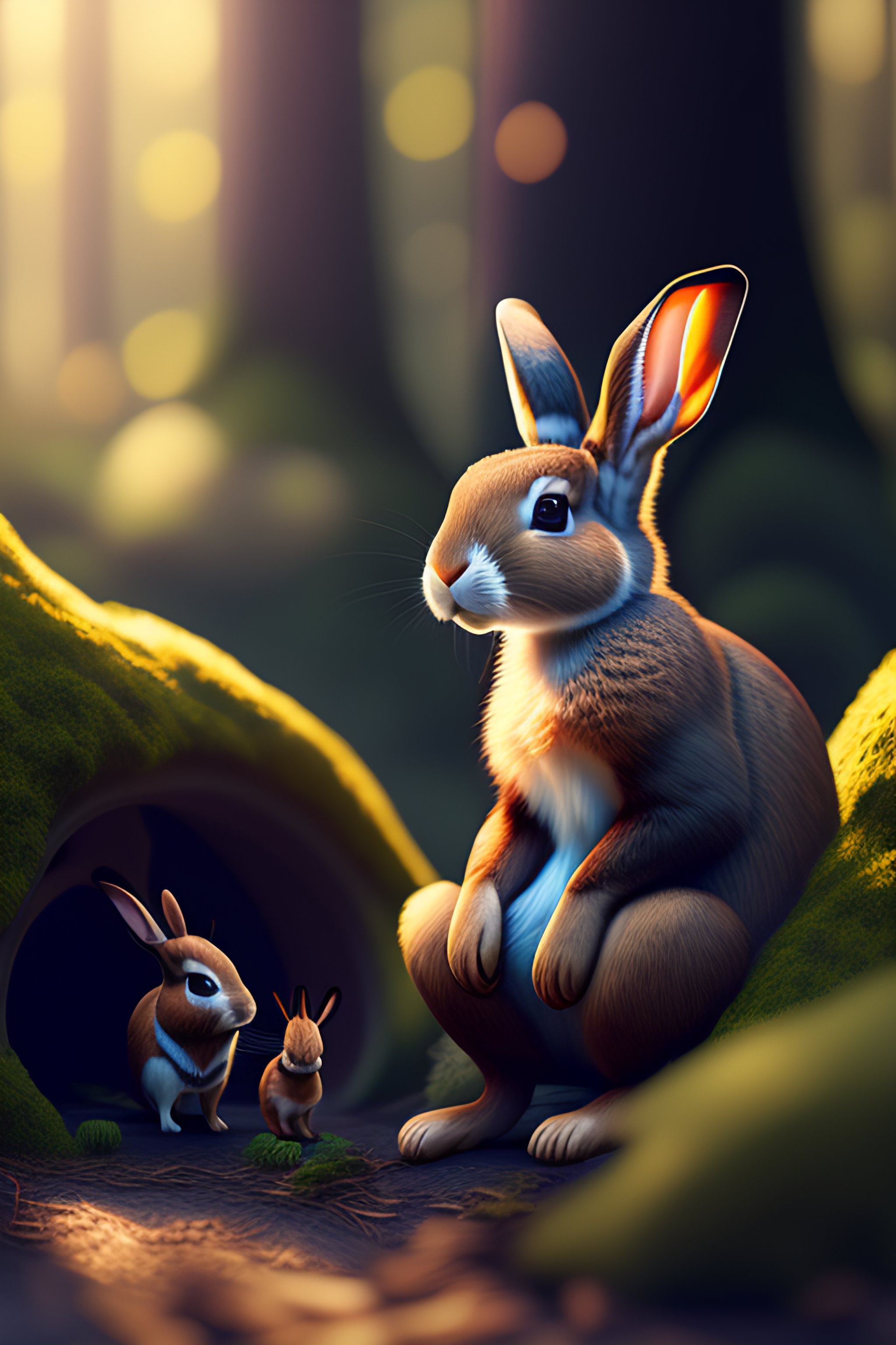 Lexica - Anthropomorphic rabbits sitting on the ground of a dark forest ...