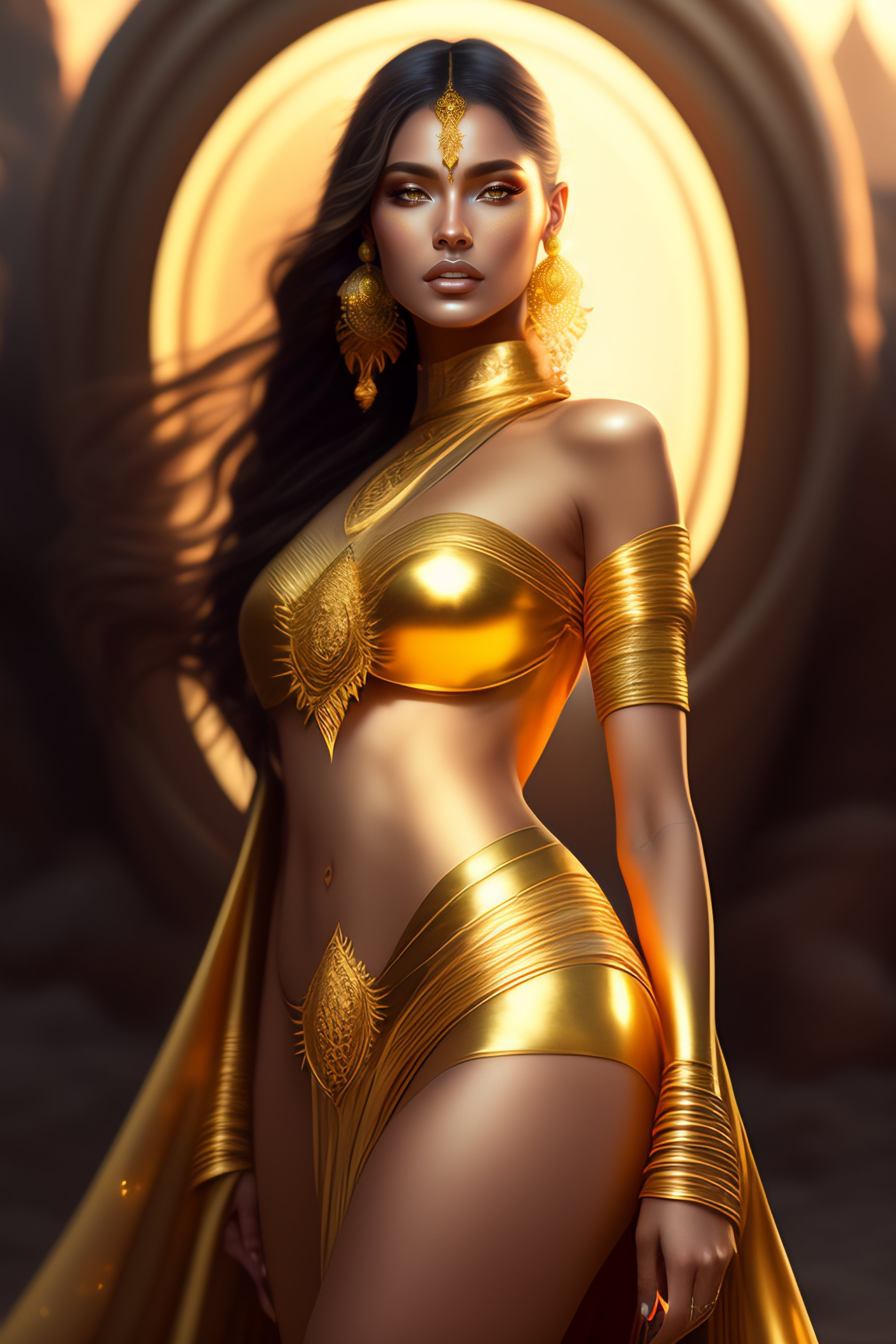 Lexica - A beautiful cinematic female sand goddess, golden dress, glow ...