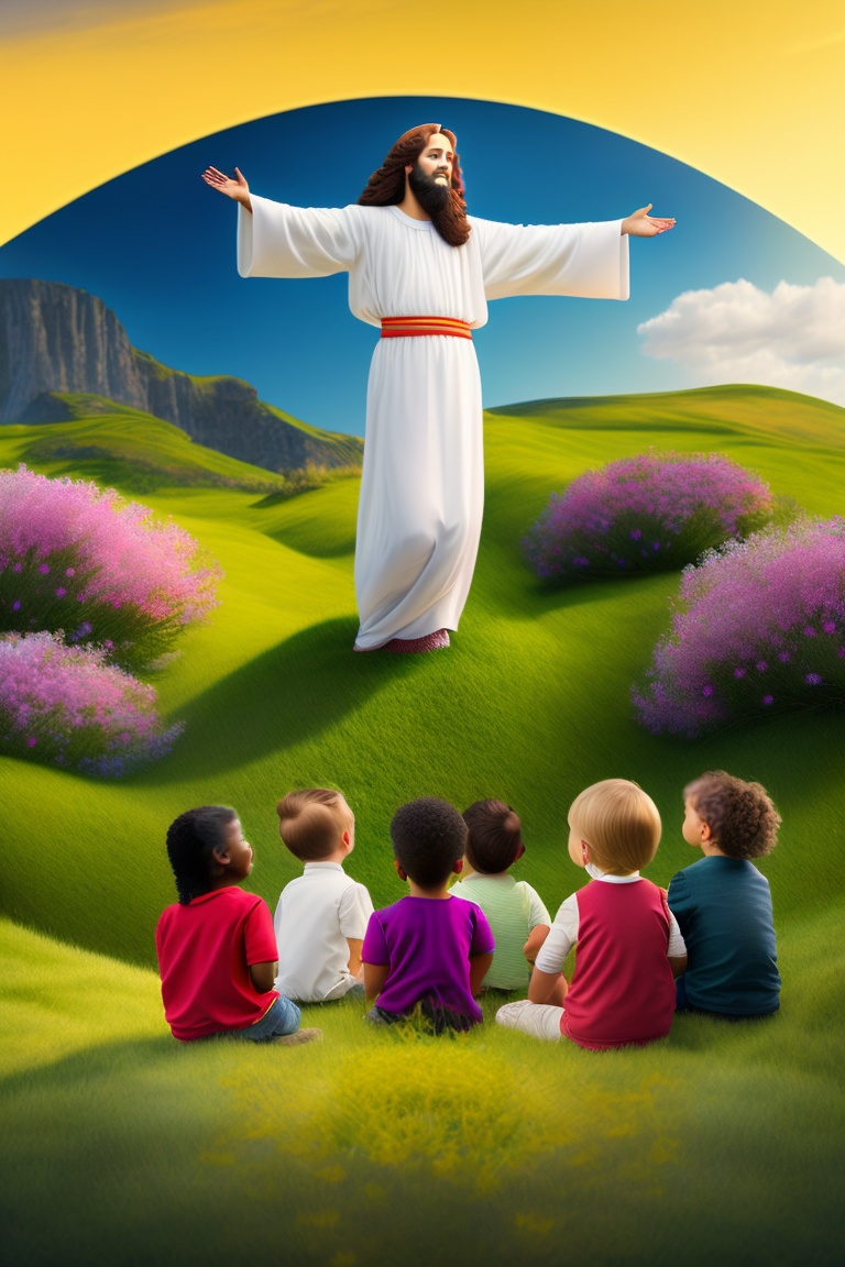 Lexica - Jesus Christ teaching children on a grassy hilltop, a verdant ...