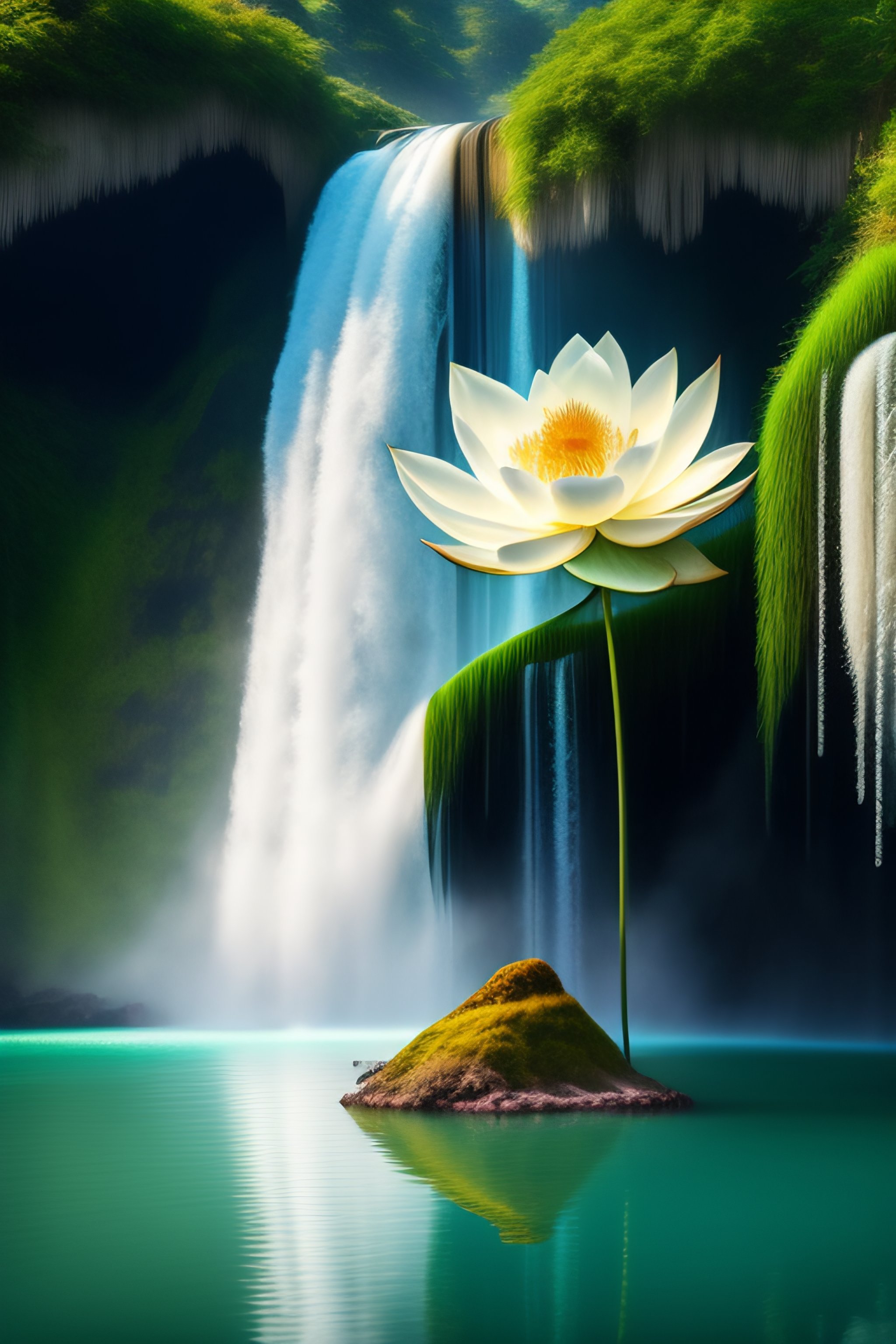 Lexica - A lotus flower floating in a warm cool lake with a waterfall