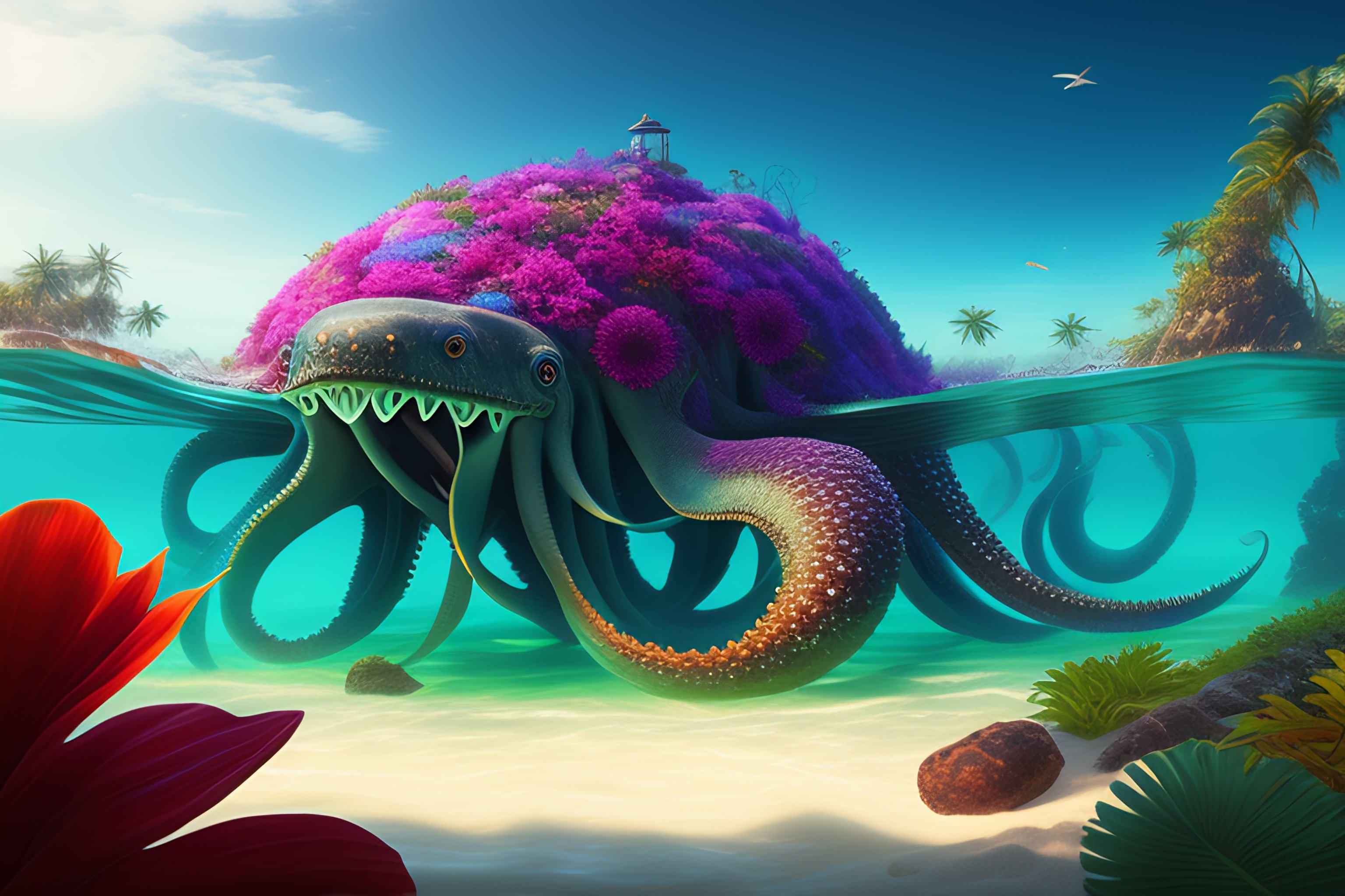 Lexica - Monster kraken in water on tropical beach with greeneries and colorful flowers, full ...
