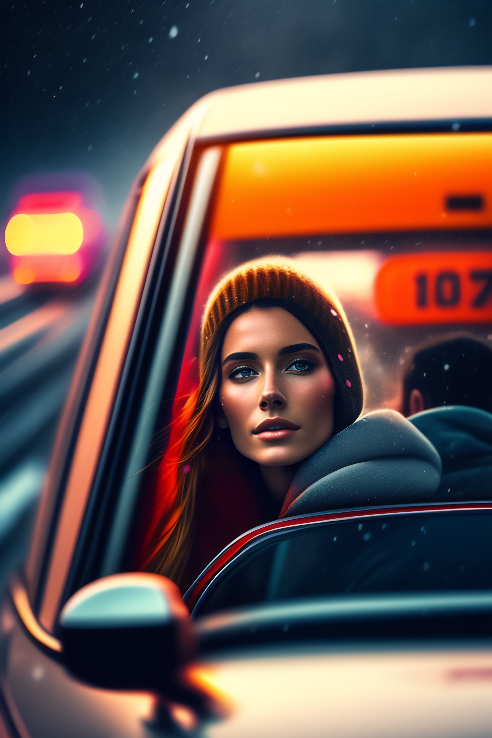 Lexica - Beautiful girl, next to the driver, rush along the freeway, through the snow, at night