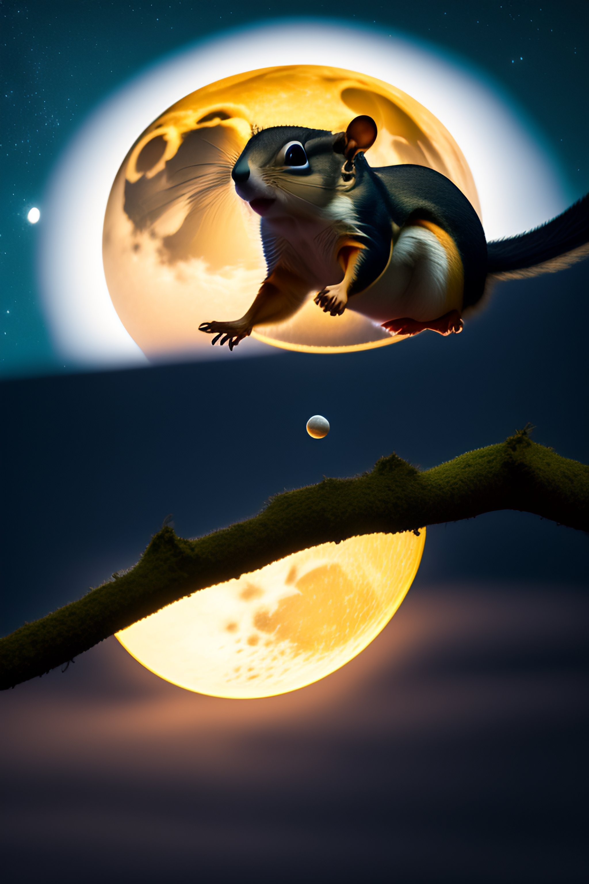 Lexica - A flying squirrel landing in a night with a moon