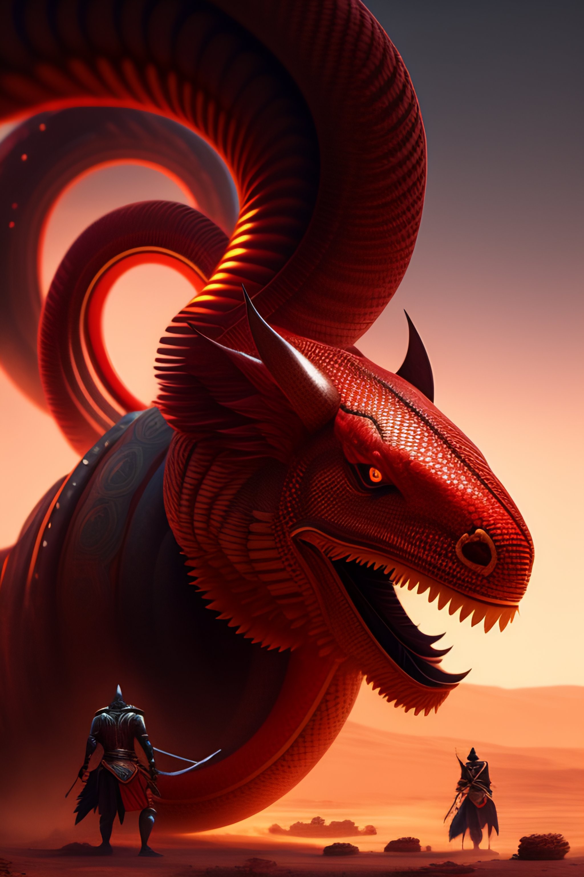 Lexica - Two African warriors with backs to camera fight a giant red ...