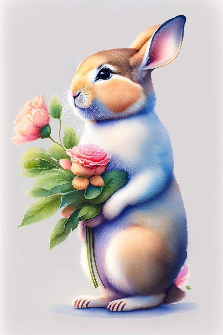 Lexica - A cute bunny holding a bouquet of flowers, in gentle retro ...