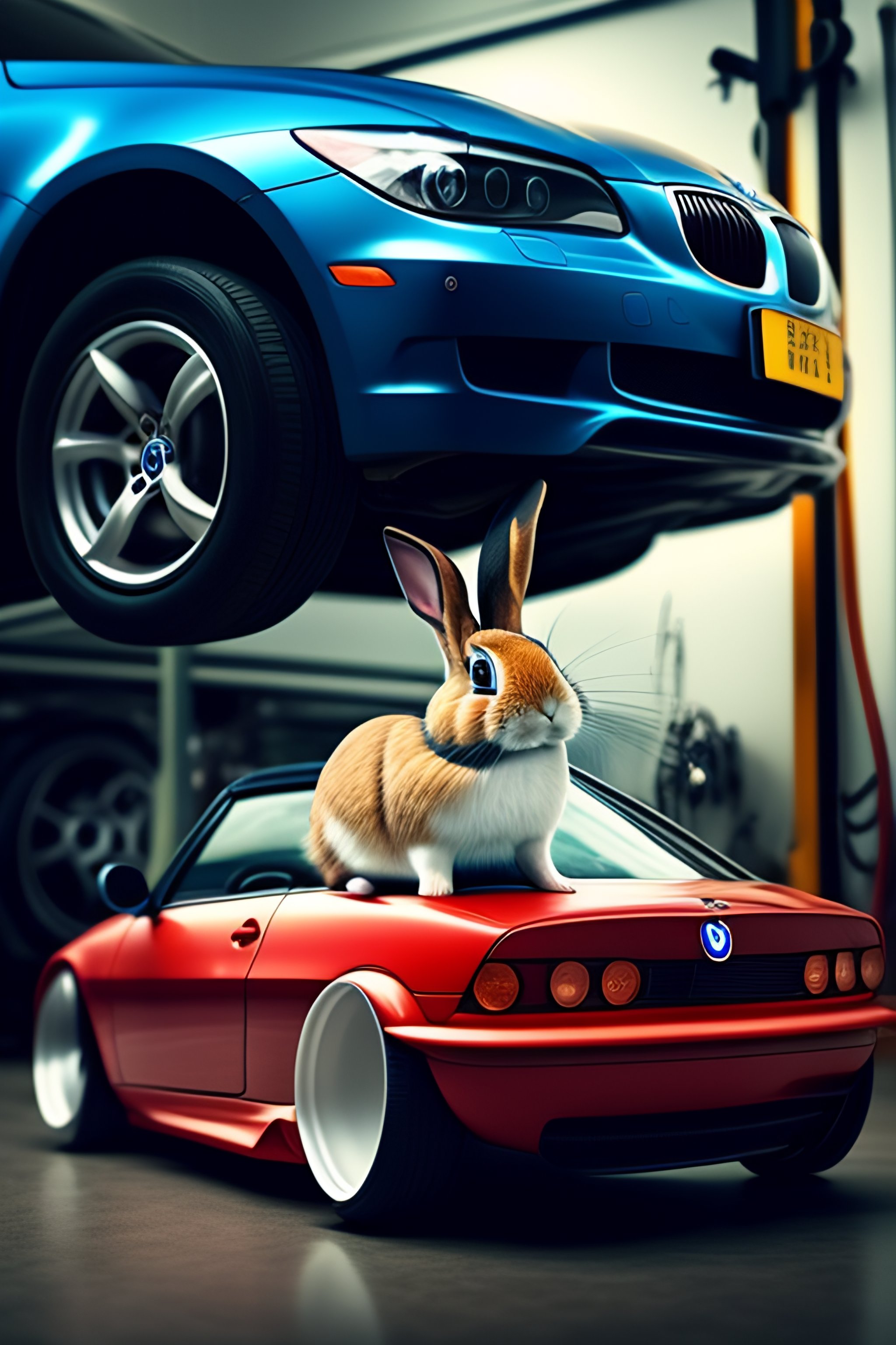 Lexica - One rabbit with BMW E90 in a car mechanic workshop
