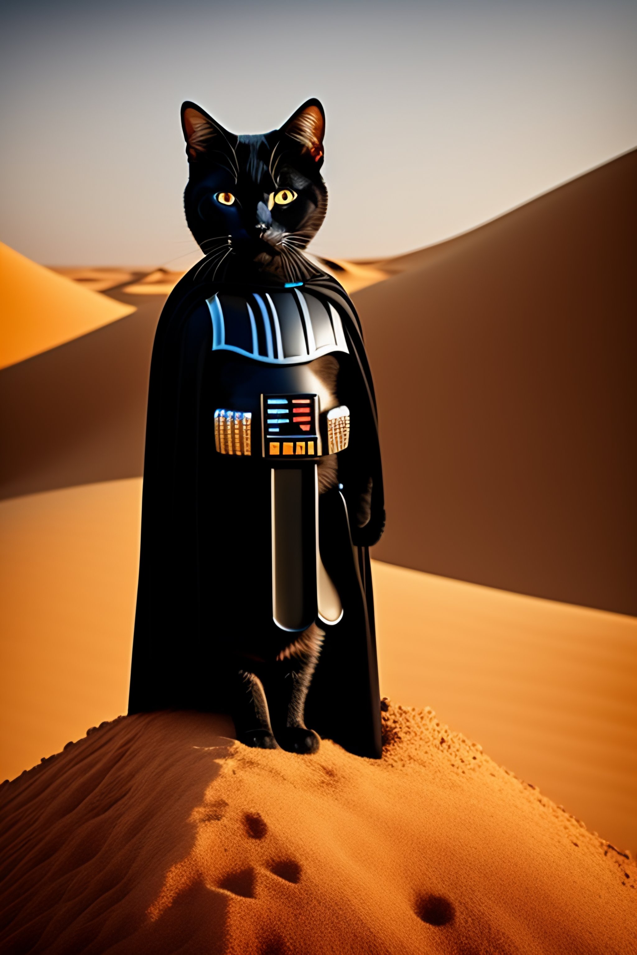 Lexica - Cute cat dressed as Darth Vader on Tatooine, desert world ...
