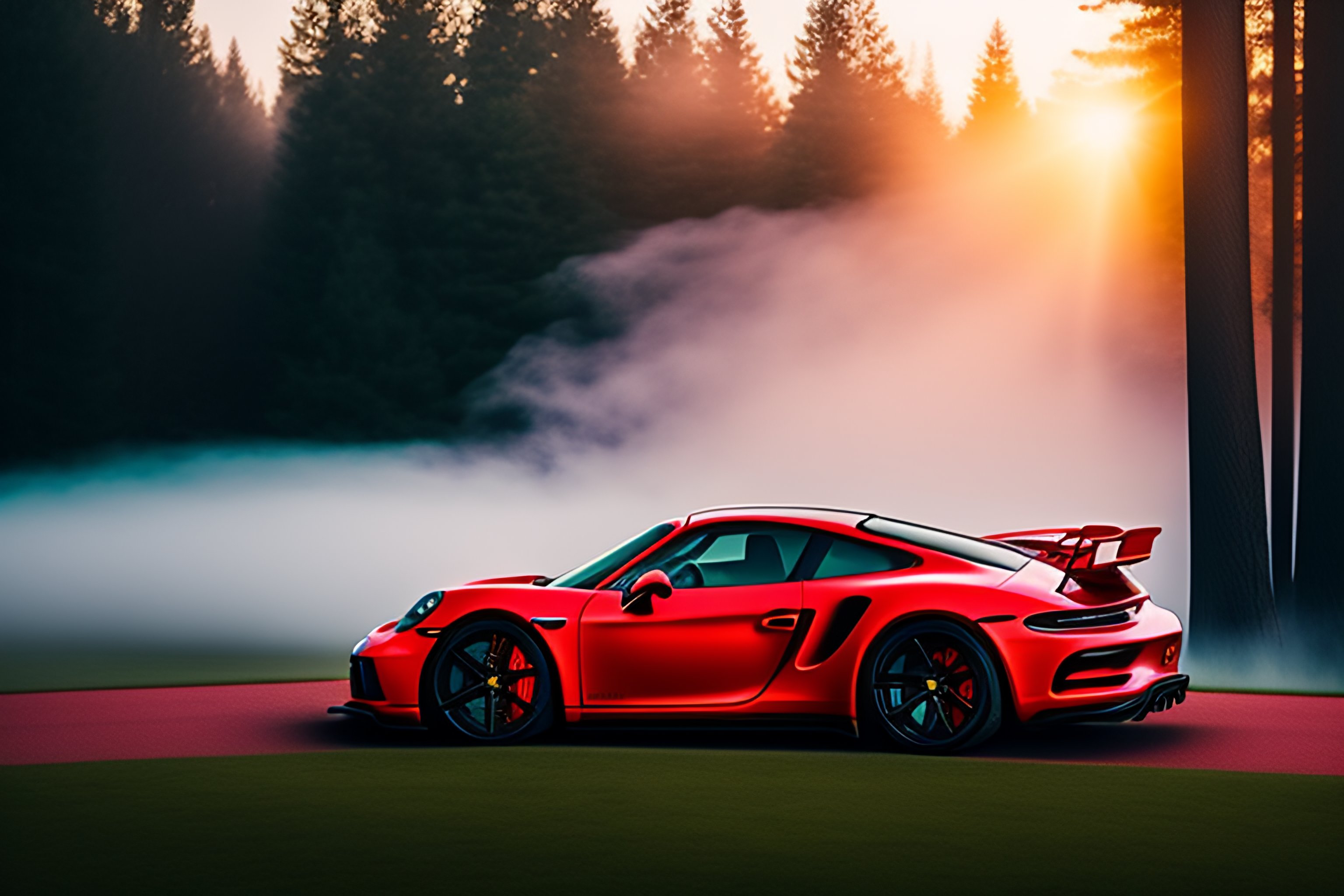 Lexica - As the sun begins to set, a vibrant red Porsche emerges from ...