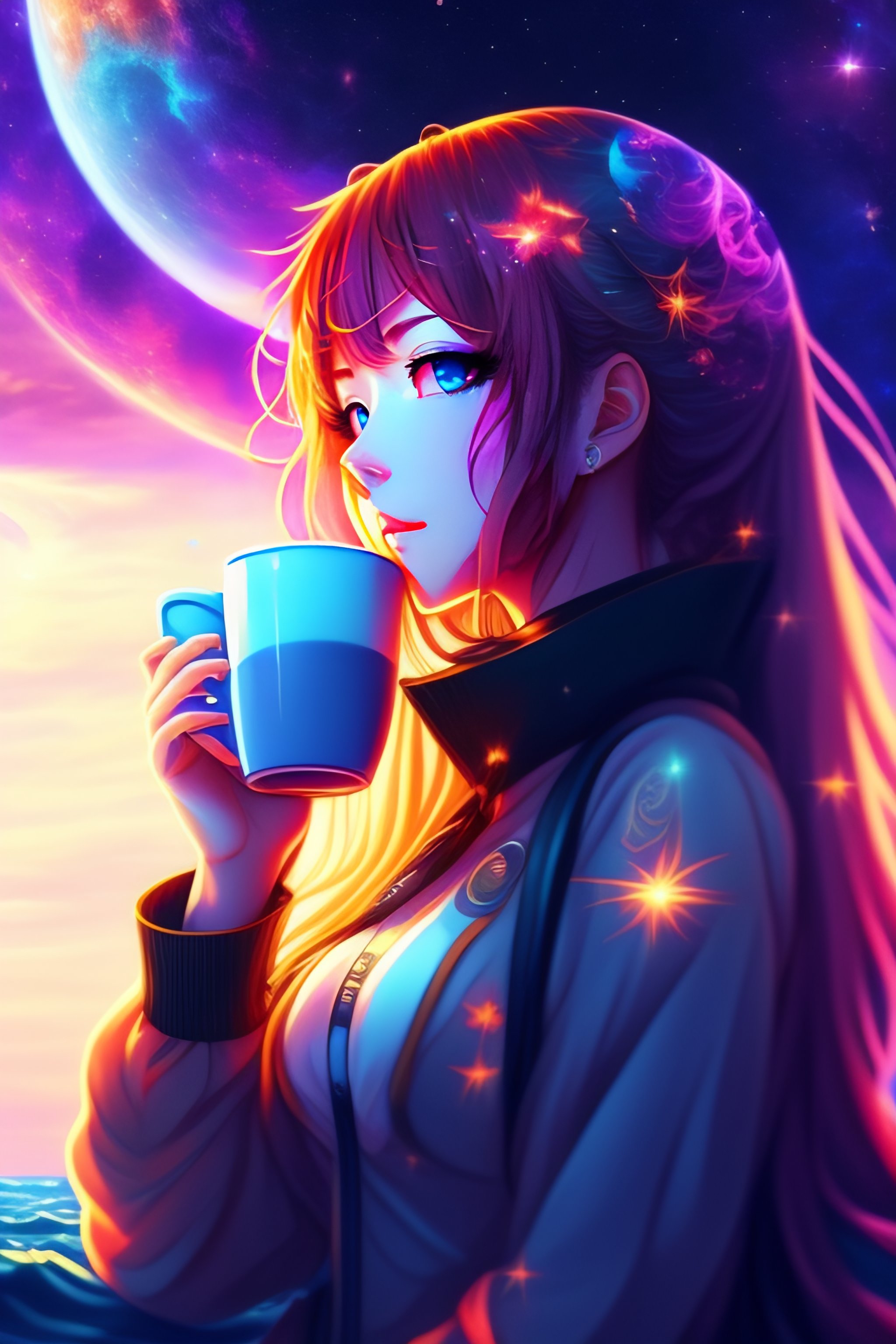 Lexica - Beautiful anime girl, drinking coffee at the edge of the ...