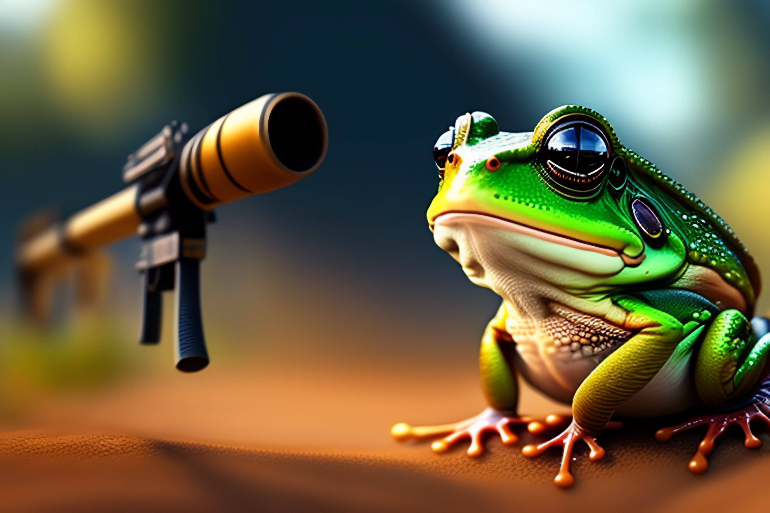 Lexica - A funny frog wielding a rocket-launcher from a video game.