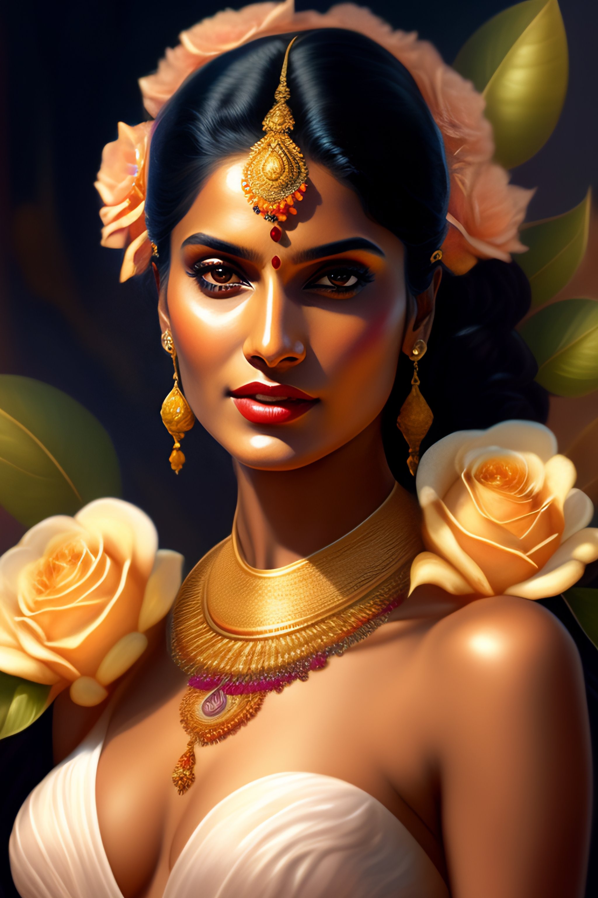 Lexica - Indian actress dimple hayathi, smelling a flower, roses everywhere, highly detailed ...