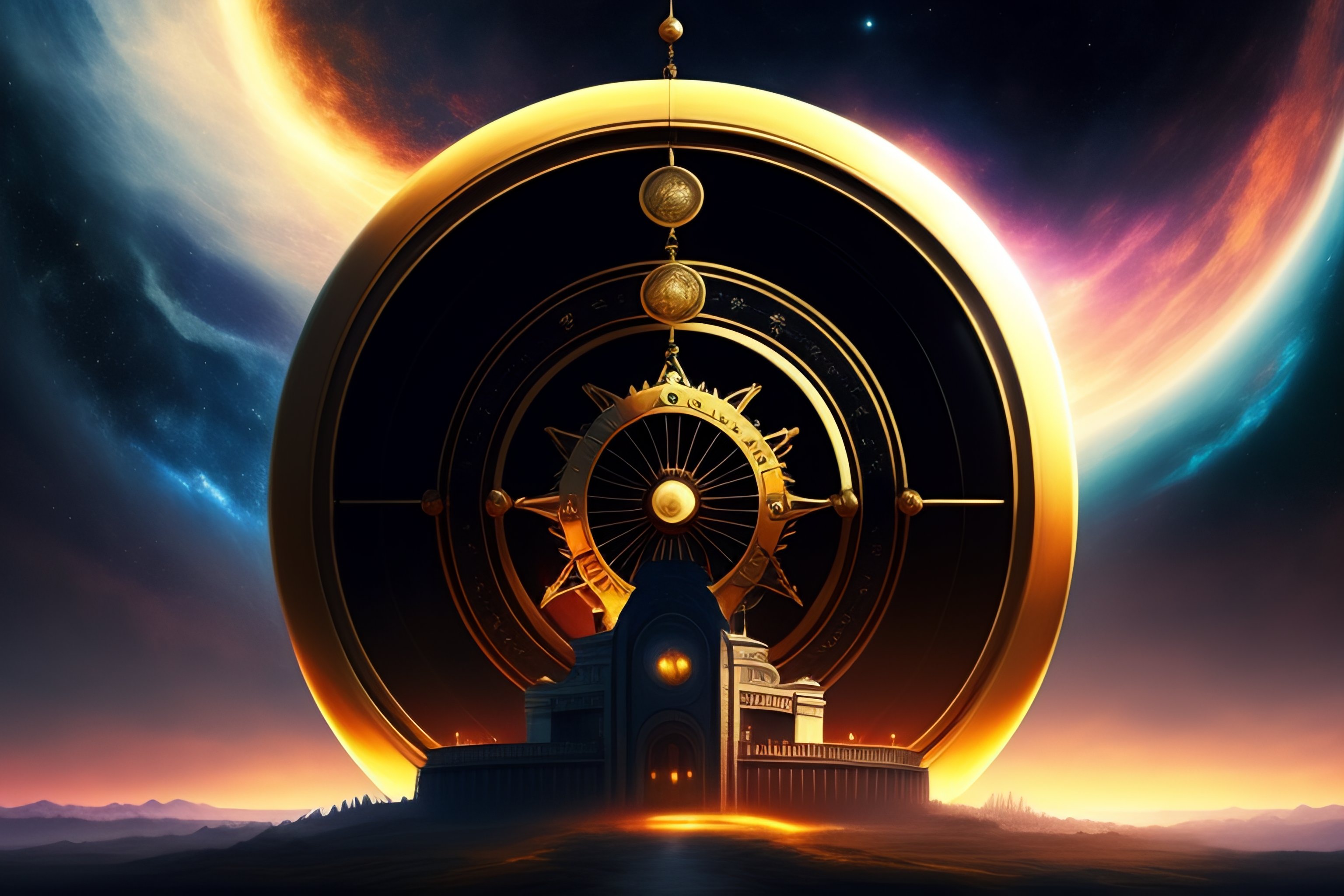Lexica - Wheel of time, giant cog suspended in the air, vast black room ...