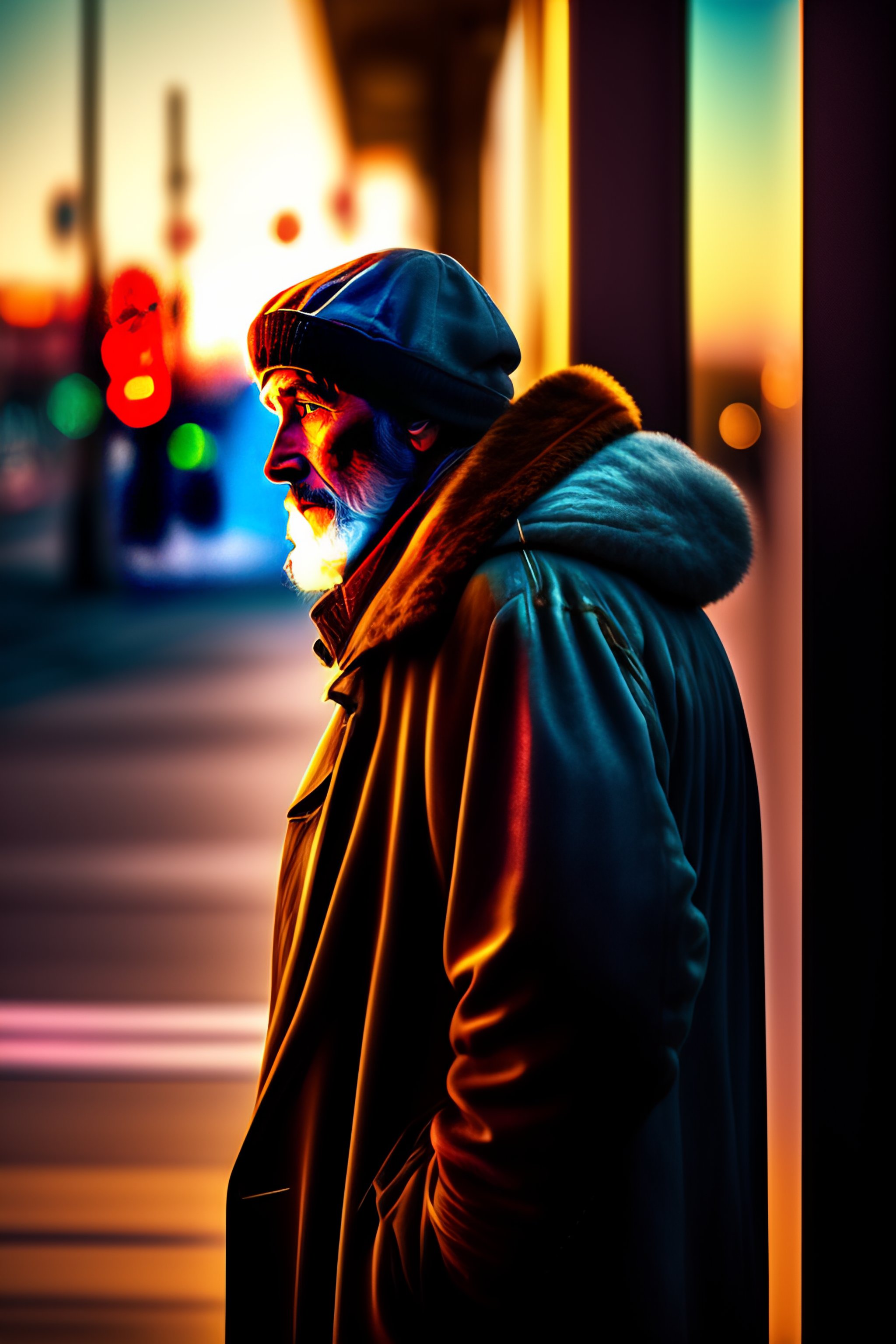 Lexica - Picture of a homeless man, deco style faded colors, bright ...