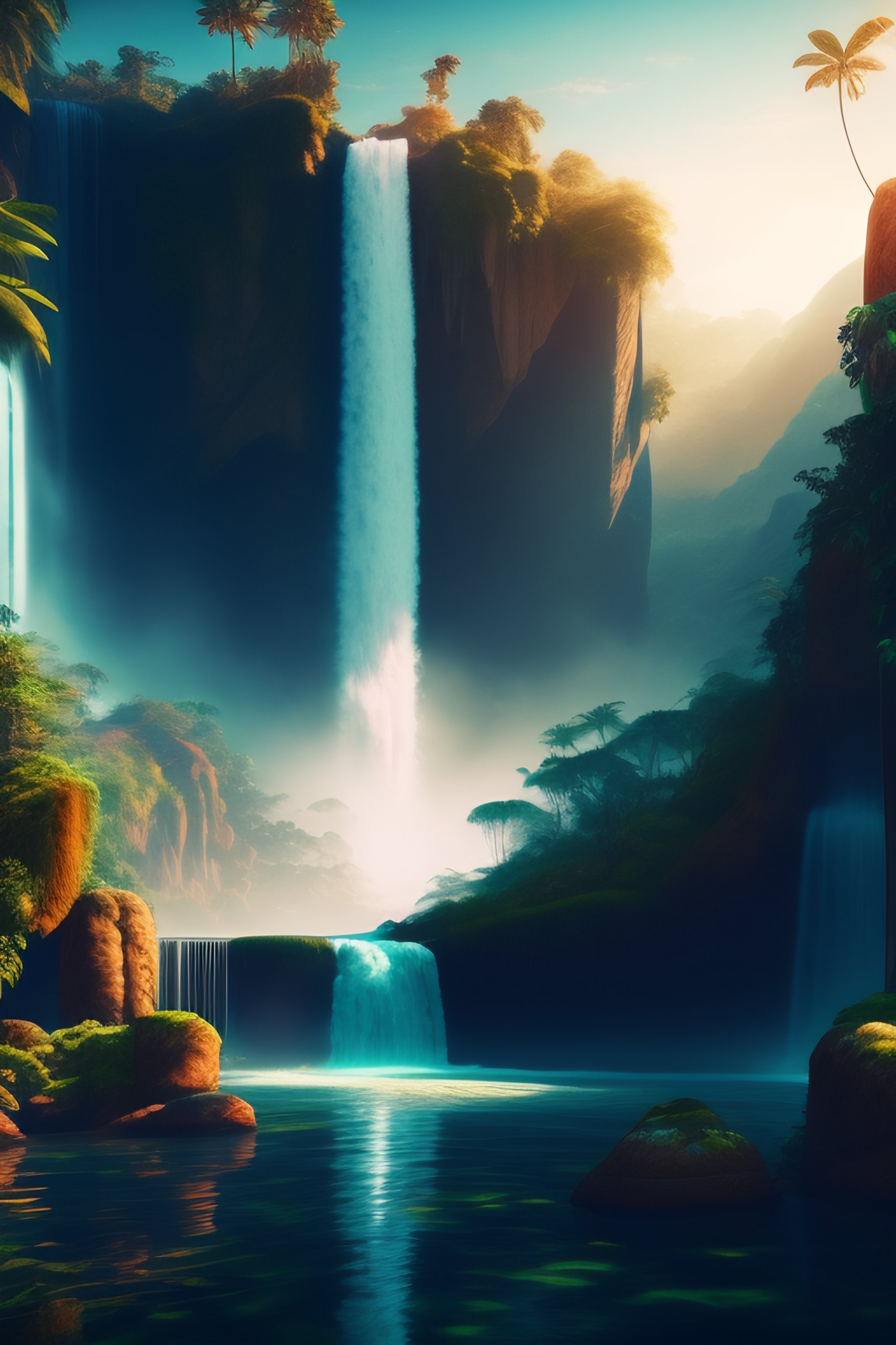 Lexica - A cinematic Aztec scene with a jungle and waterfalls ...