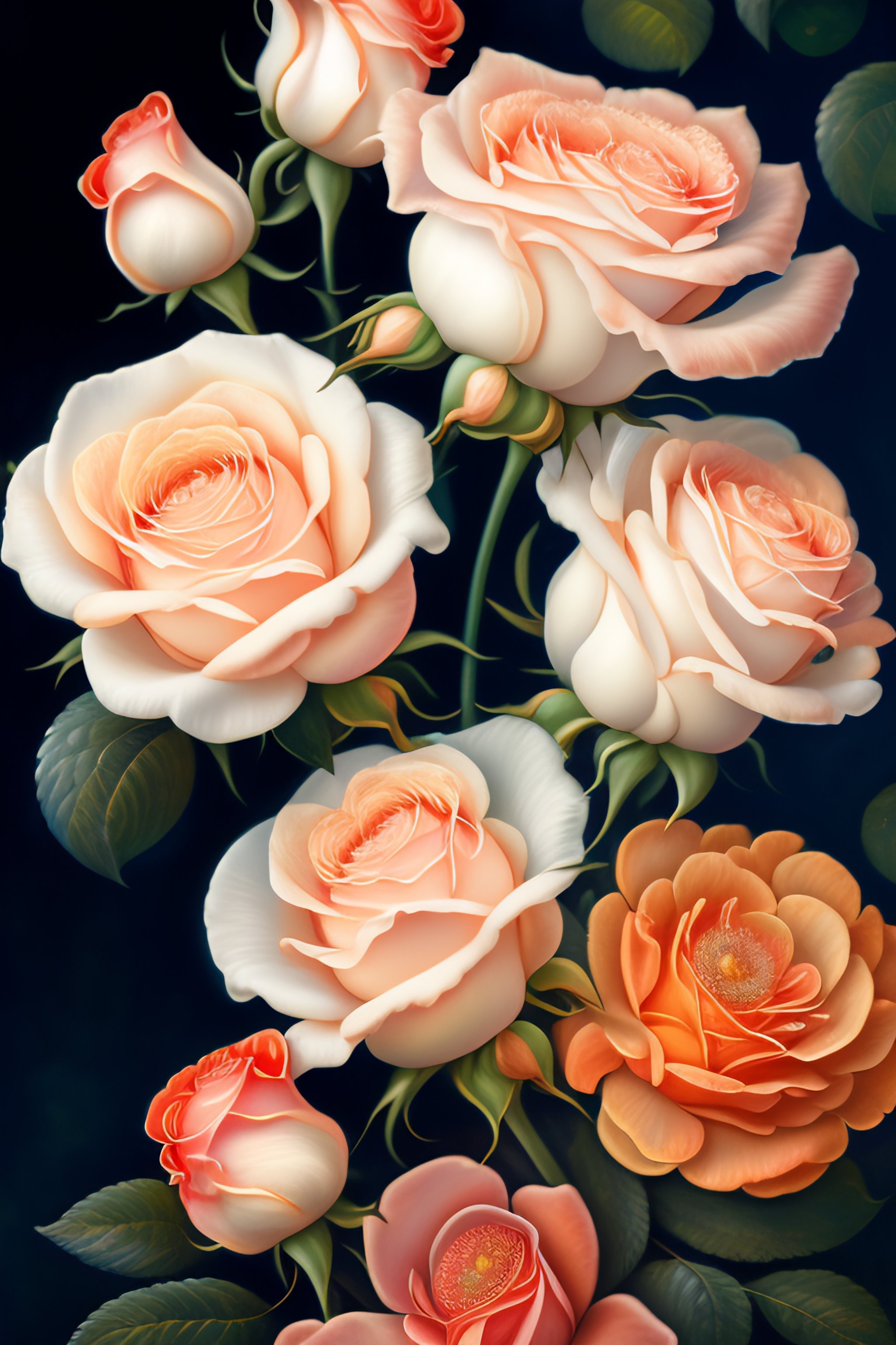 Lexica - An ultra hd detailed painting of many white and peach roses by ...