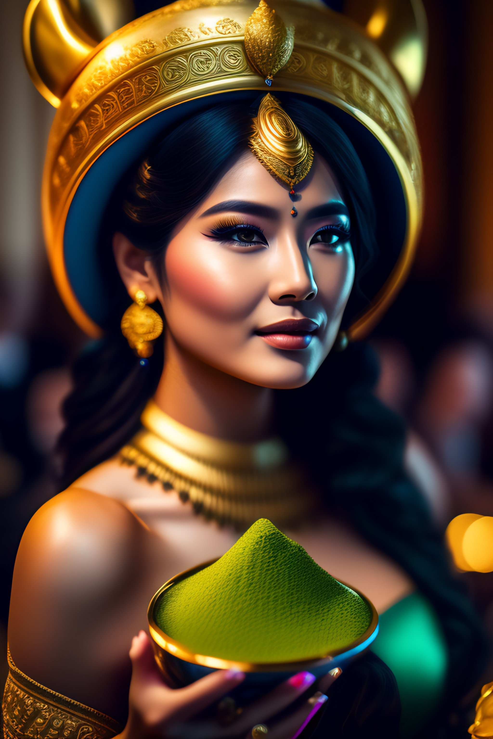 Lexica - ATHENA , goddess with golden skin with blue adornments, drinking a matcha from a matcha ...