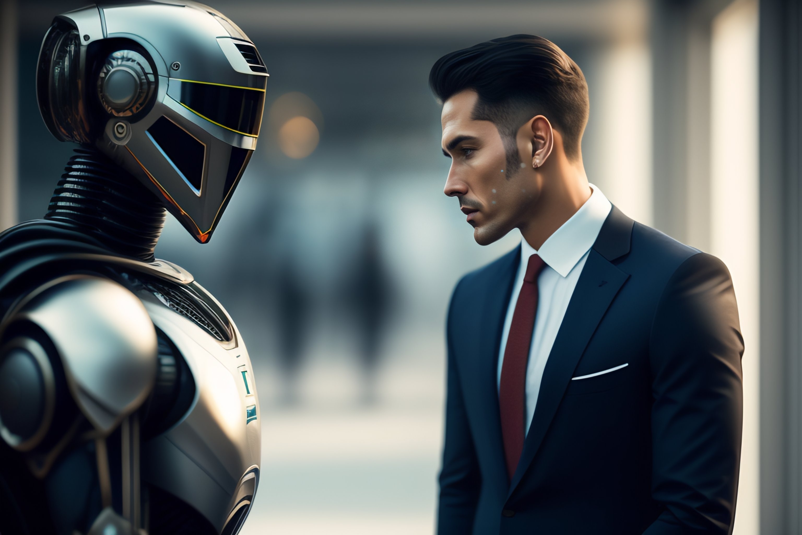 Lexica - A man in a suit talk with a robot