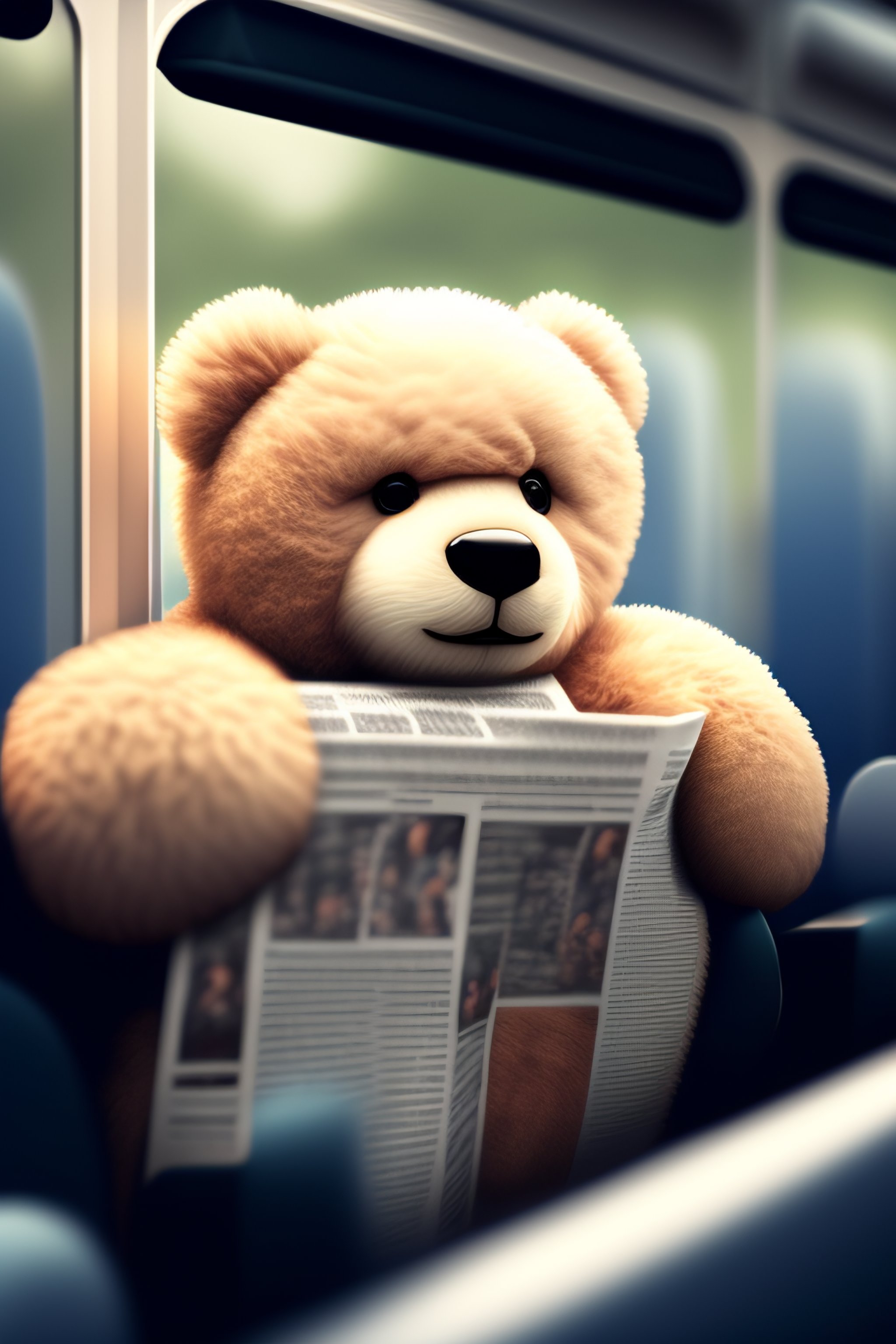 Lexica - Angry white teddy bear reading newspaper in the bus