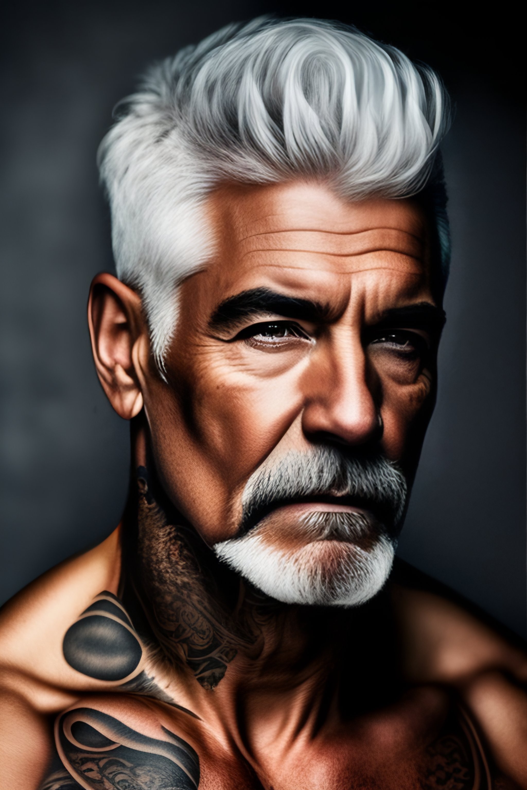 Lexica - Man grey hair strong tattoos butcher