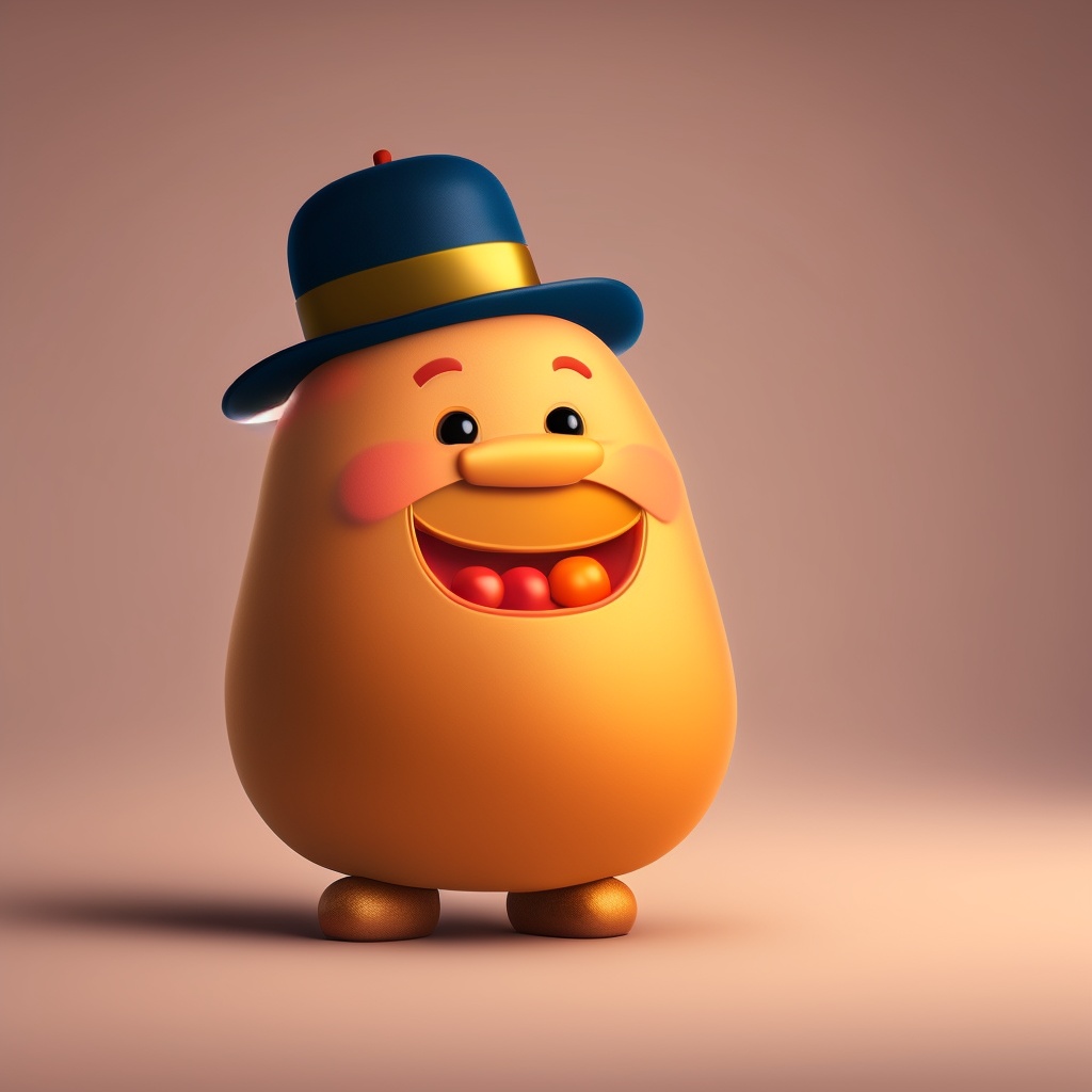 Lexica - Talking potato, normal color, two hands, two legs, mouth, hat, happy.