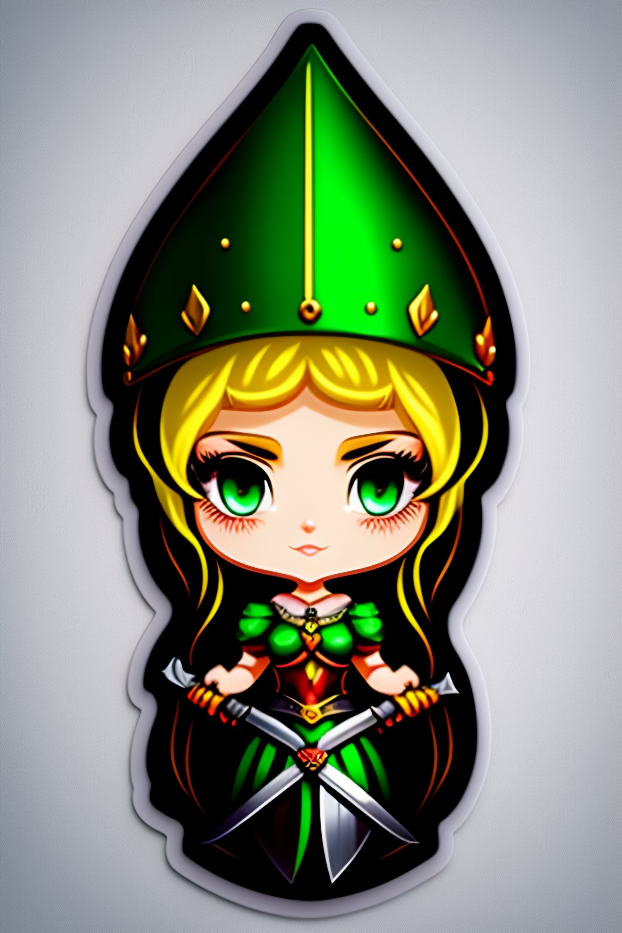 Lexica - Cute chibi blonde, Green eyes, woman With a crown, sword ...