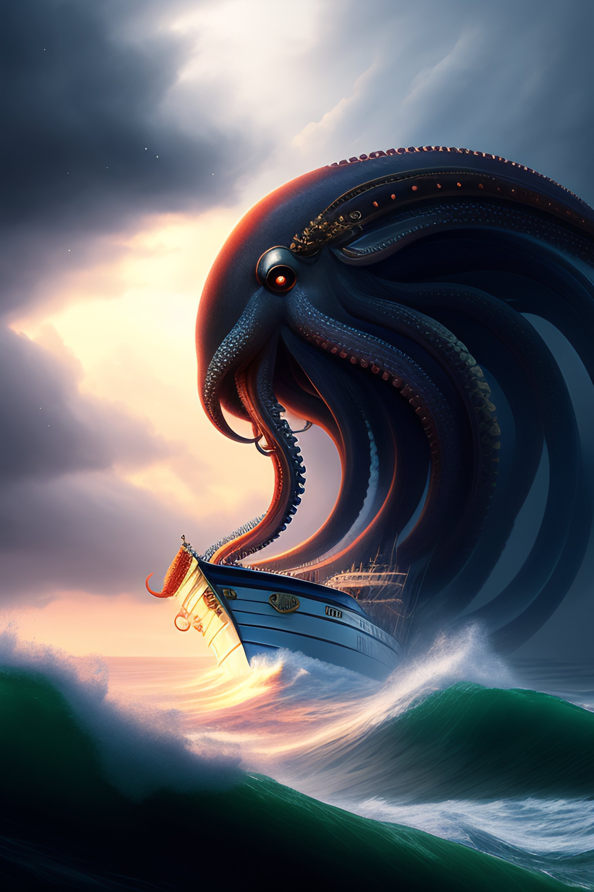 Lexica - A highly detailed masterpiece of a giant octopus hugging a ...