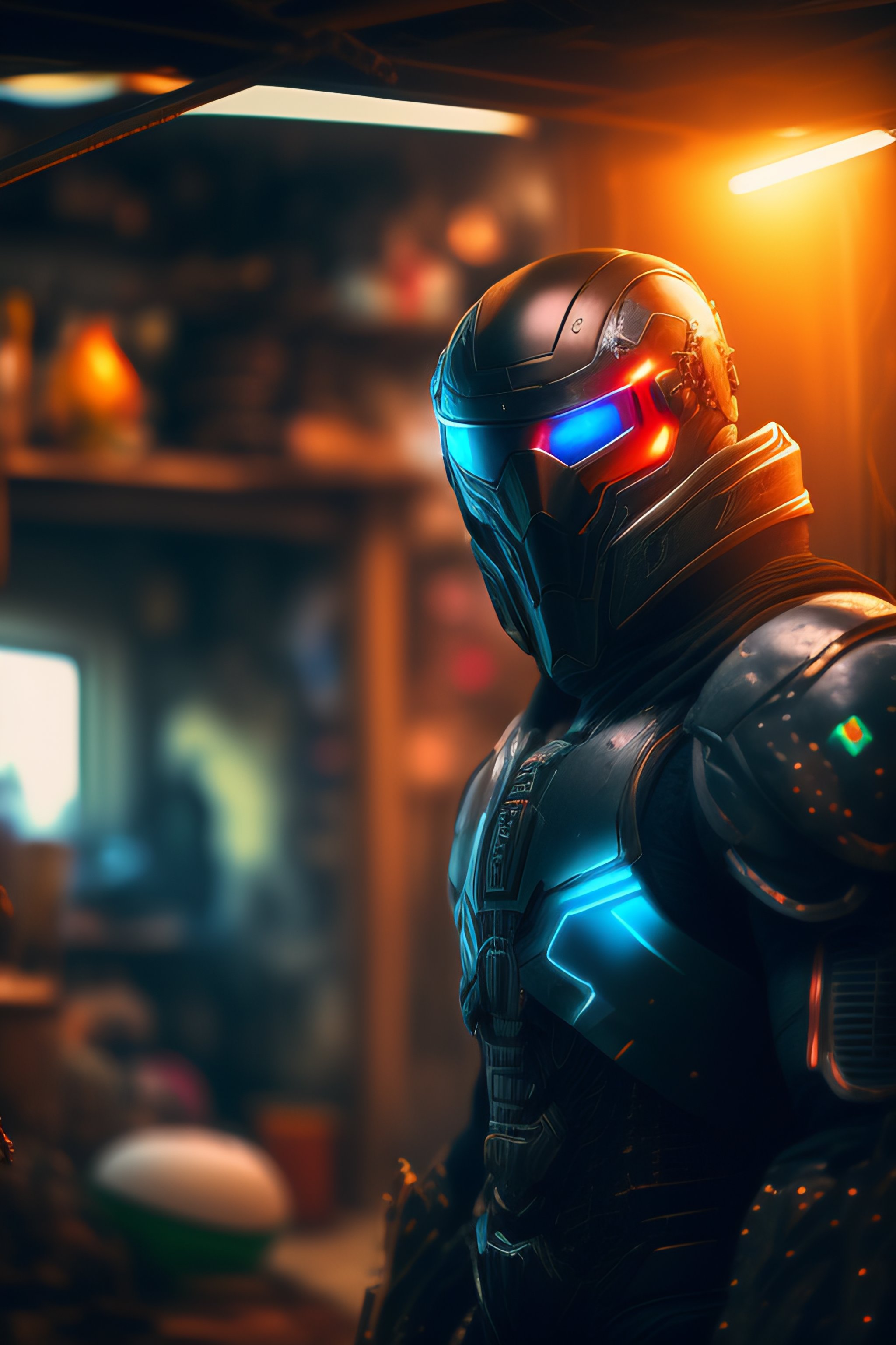 Lexica - Wide angle Environmental shot of evil Cyborg in a cluttered ...