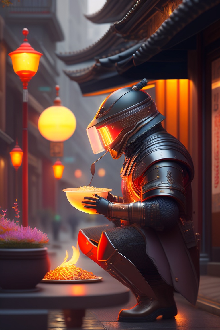 Lexica - A futuristic samurai eating ramen in the street, vibrant ...