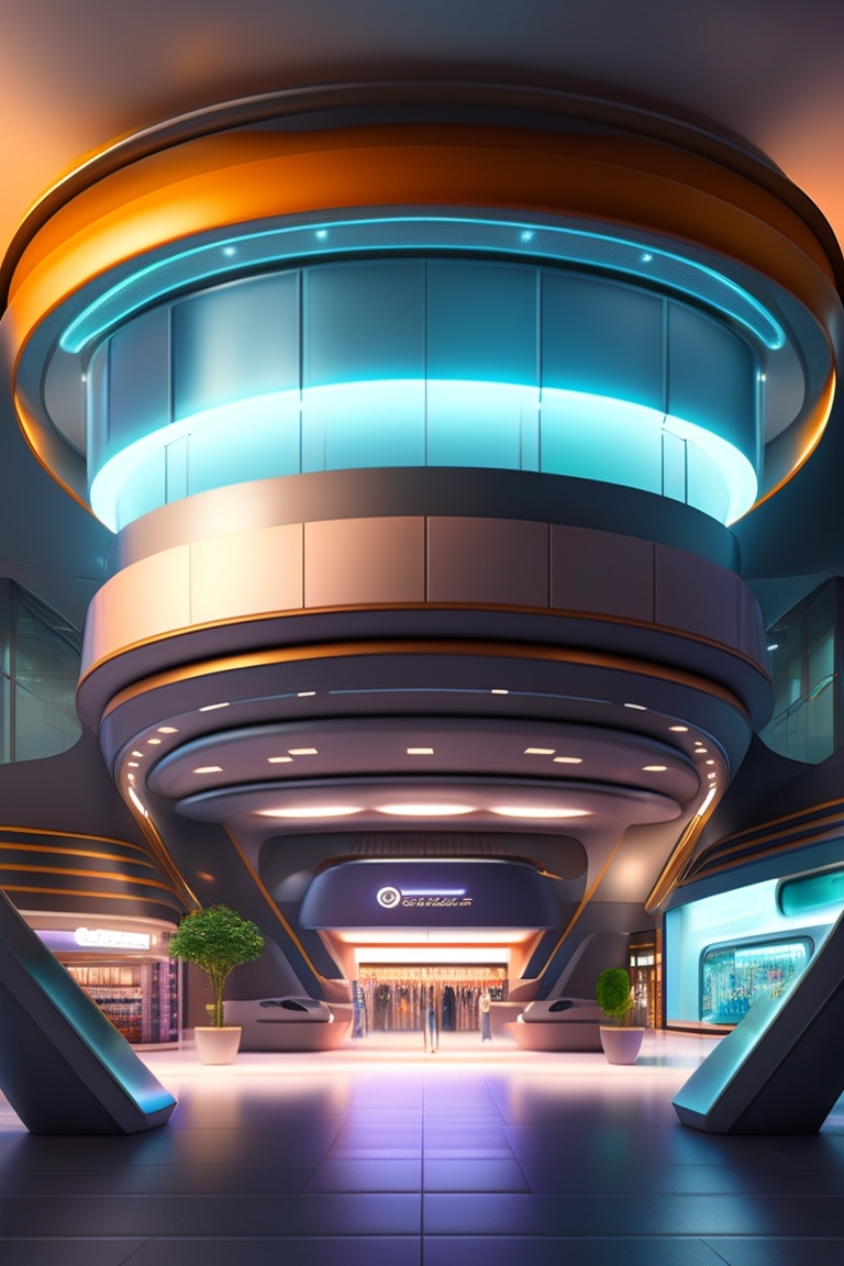 Lexica - Shopping mall, inside view, sci-fi, 3 shops, futuristic, dynamic lighting, one floor