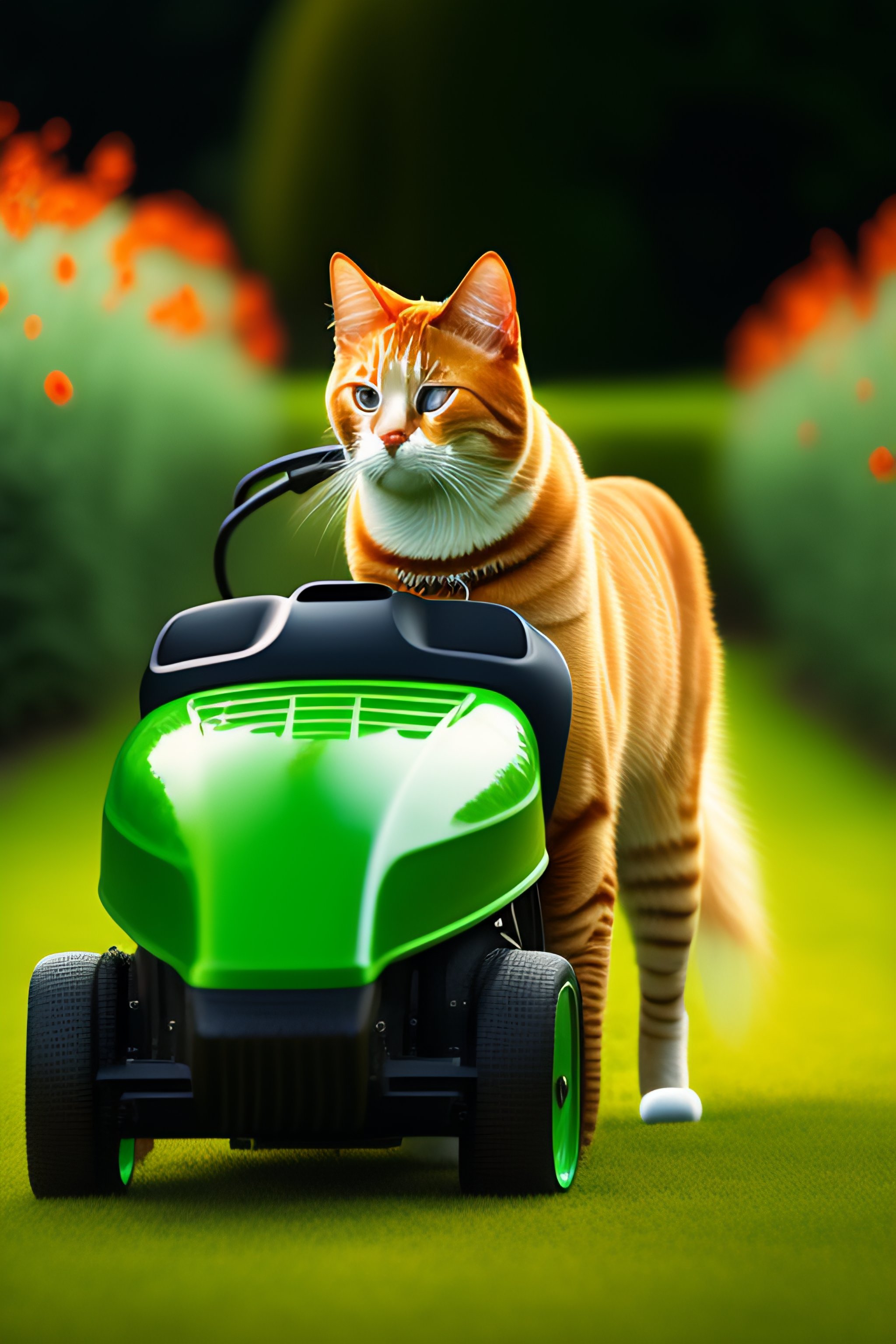 Lexica - An orange tabby cat riding a lawnmower