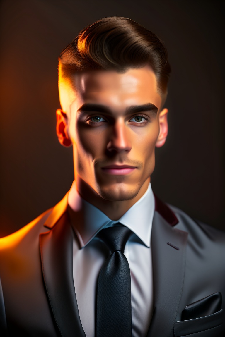 Lexica - A young businessman in a black room with dim light, his eyes ...