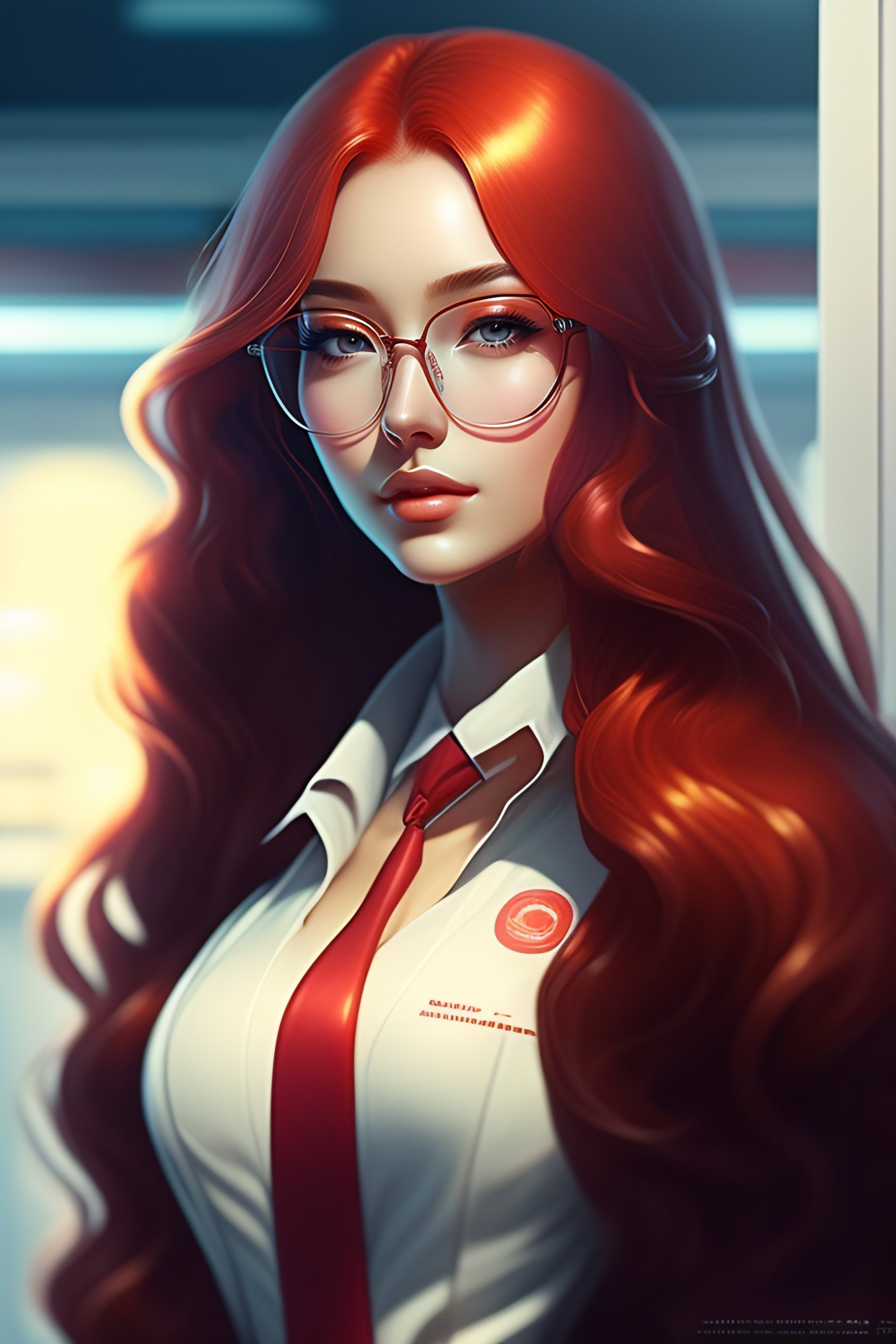 Lexica - Beautiful anime girl with long red hair, wearing lab coat and ...