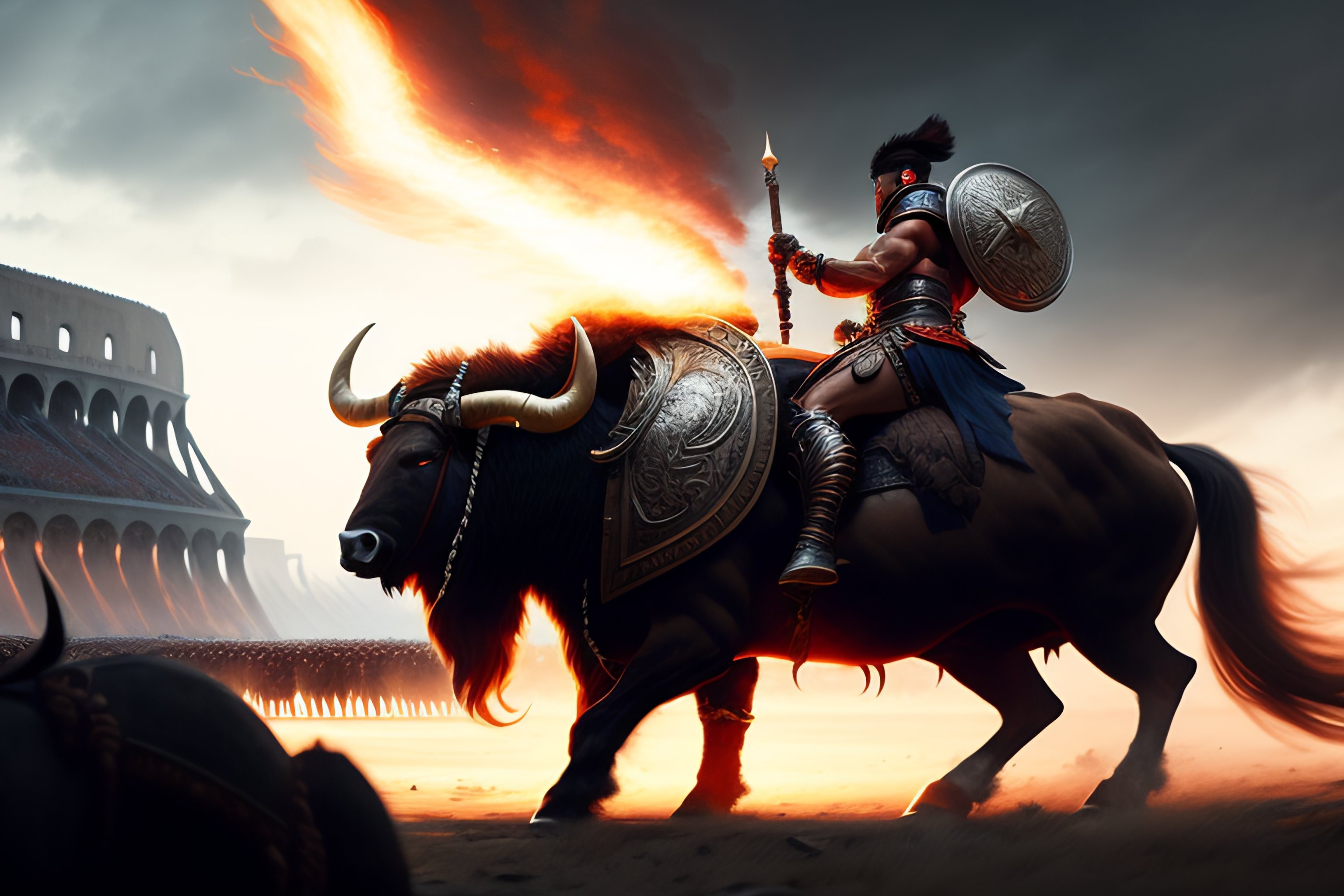 Lexica - A spartan gladiator fighting a charging longhorns buffalo ...