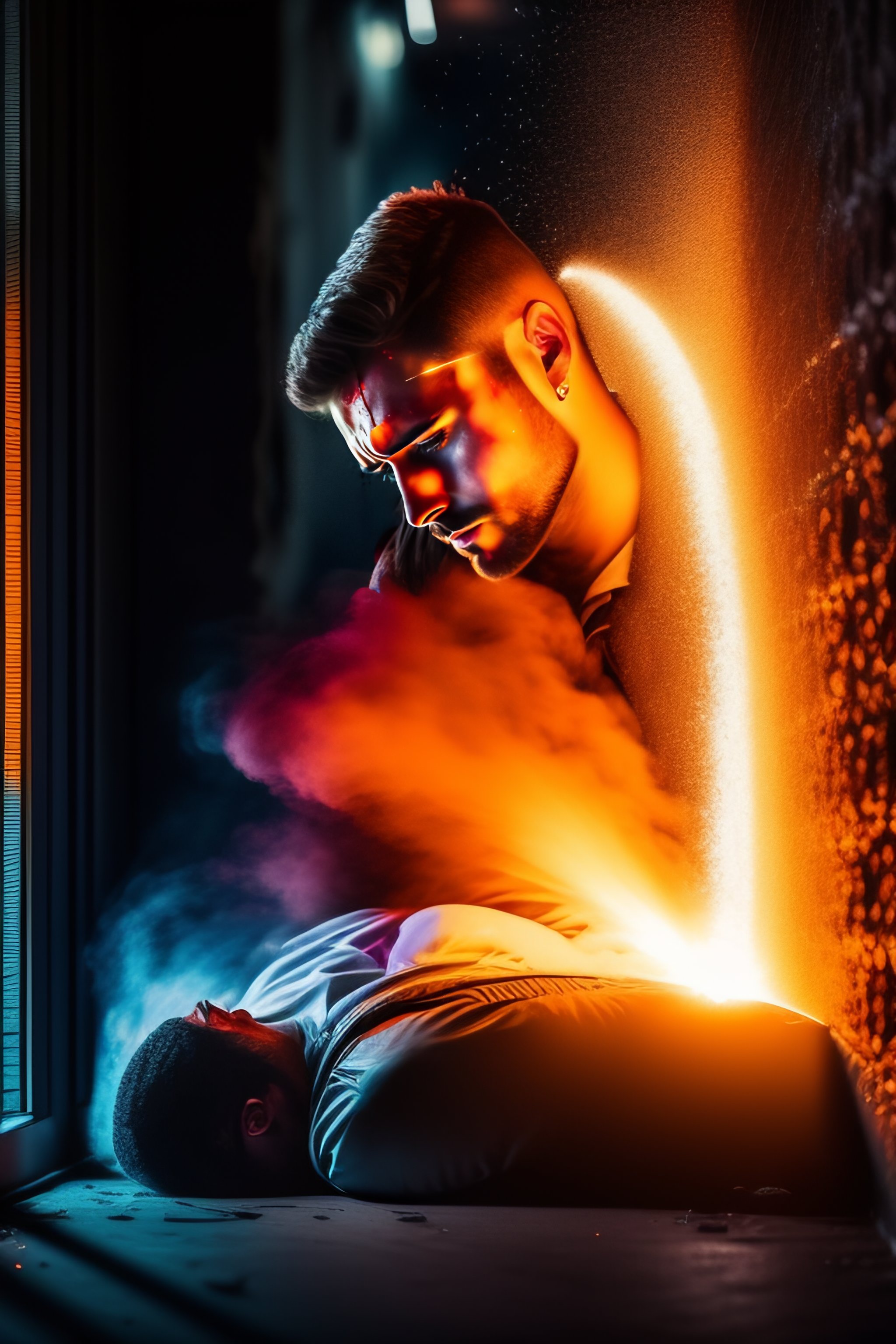 Lexica - Man lying on the ground shot leaning against a wall bleeding ...