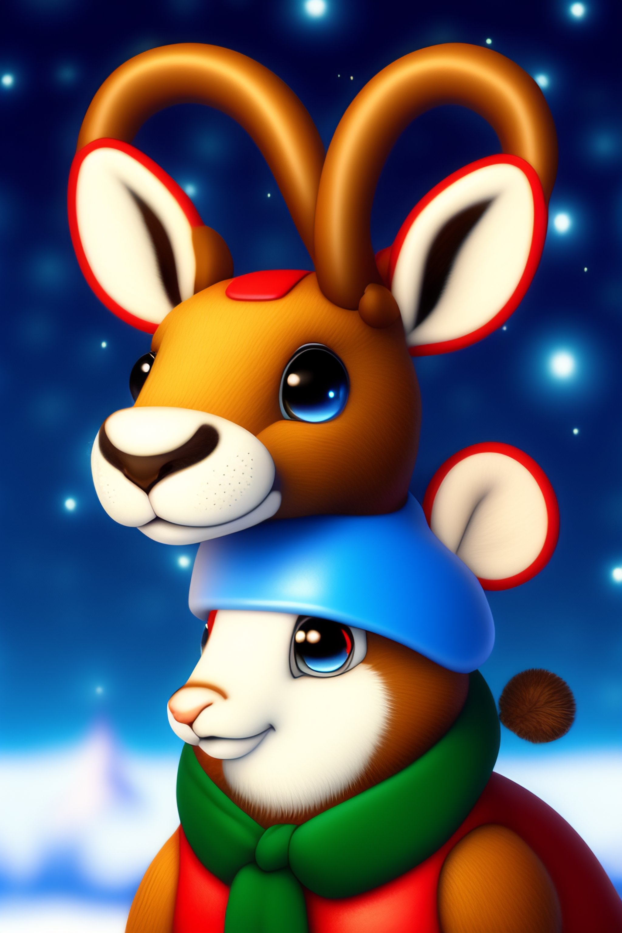 Lexica - A reindeer cartoon, wearing a blue round hut, in Echiro oda style