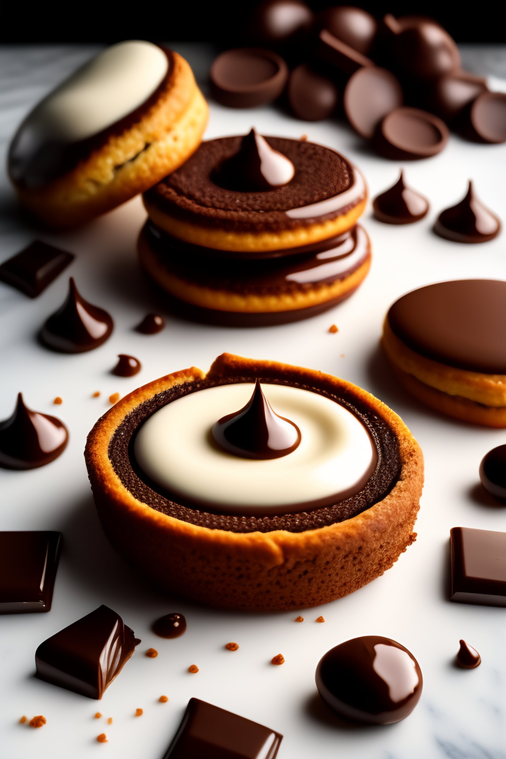 Lexica - Closeup of chocolate baked biscuit stuffed with milk cream ...