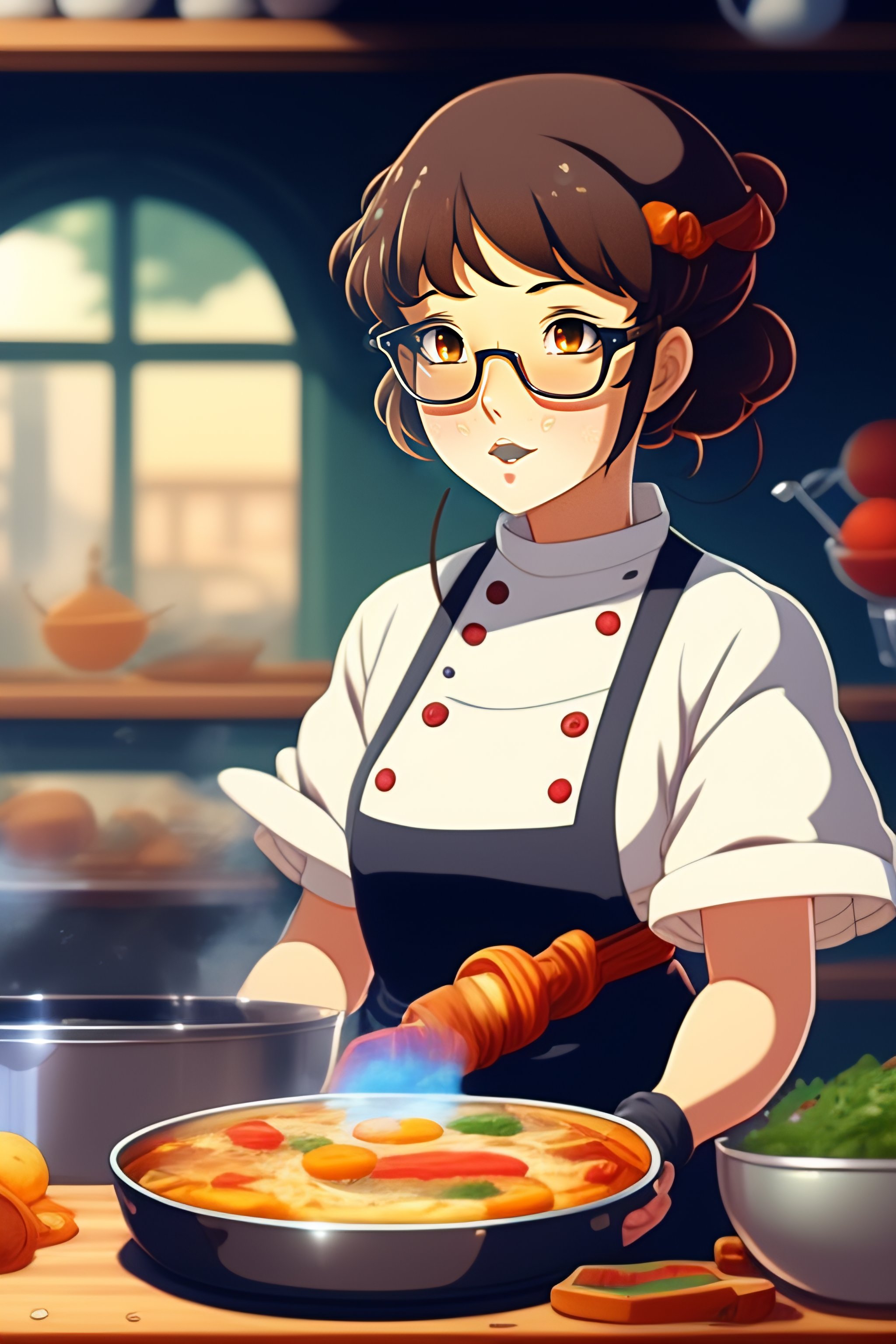 Lexica - Girl with big glasses cooking, ghibli, anime style